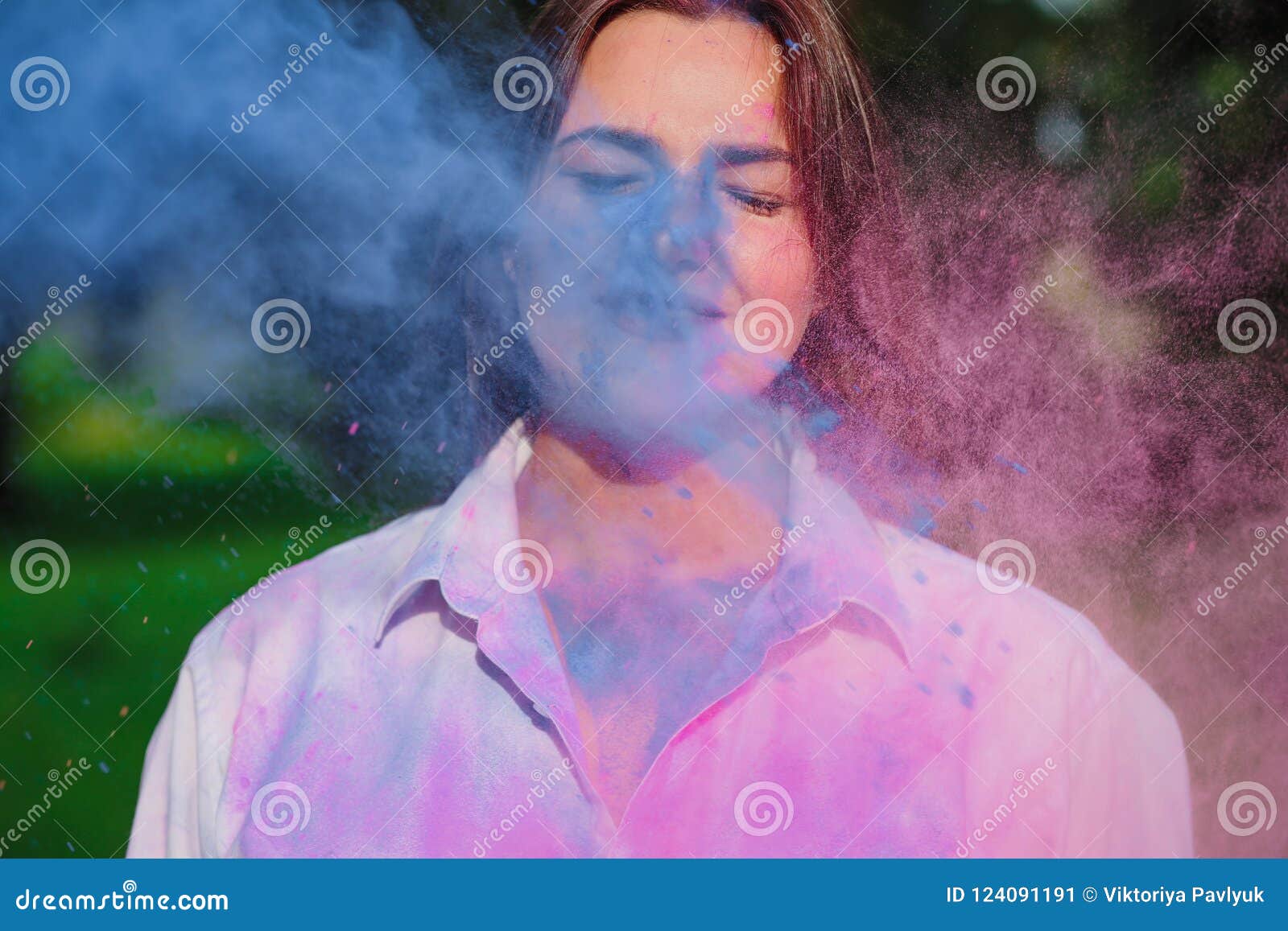 Pleased Caucasian Model Posing with Closed Eyes with Exploding a Stock ...