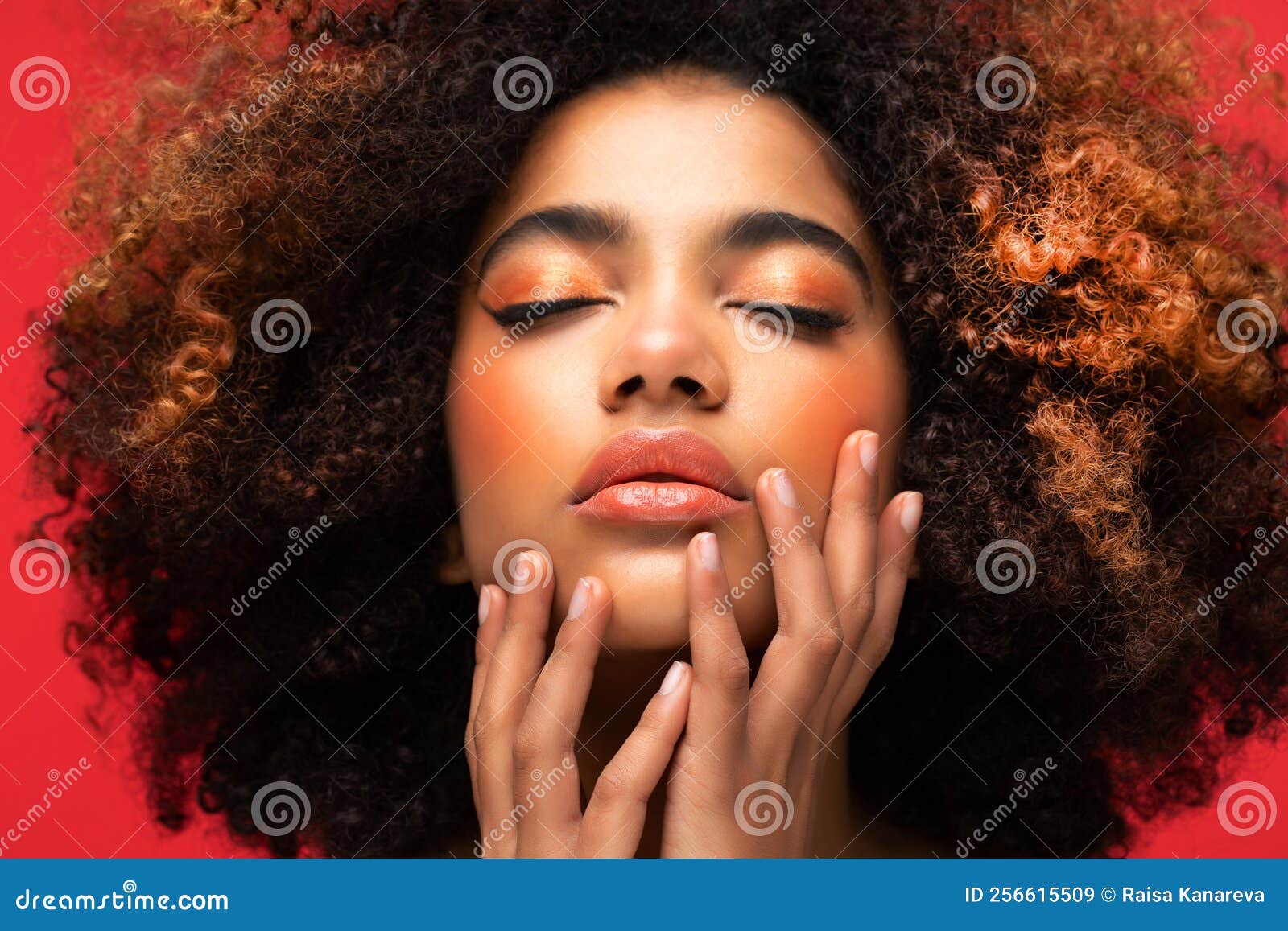 Pleased Dark Skinned Attractive Young Female Model With Bushy Afro