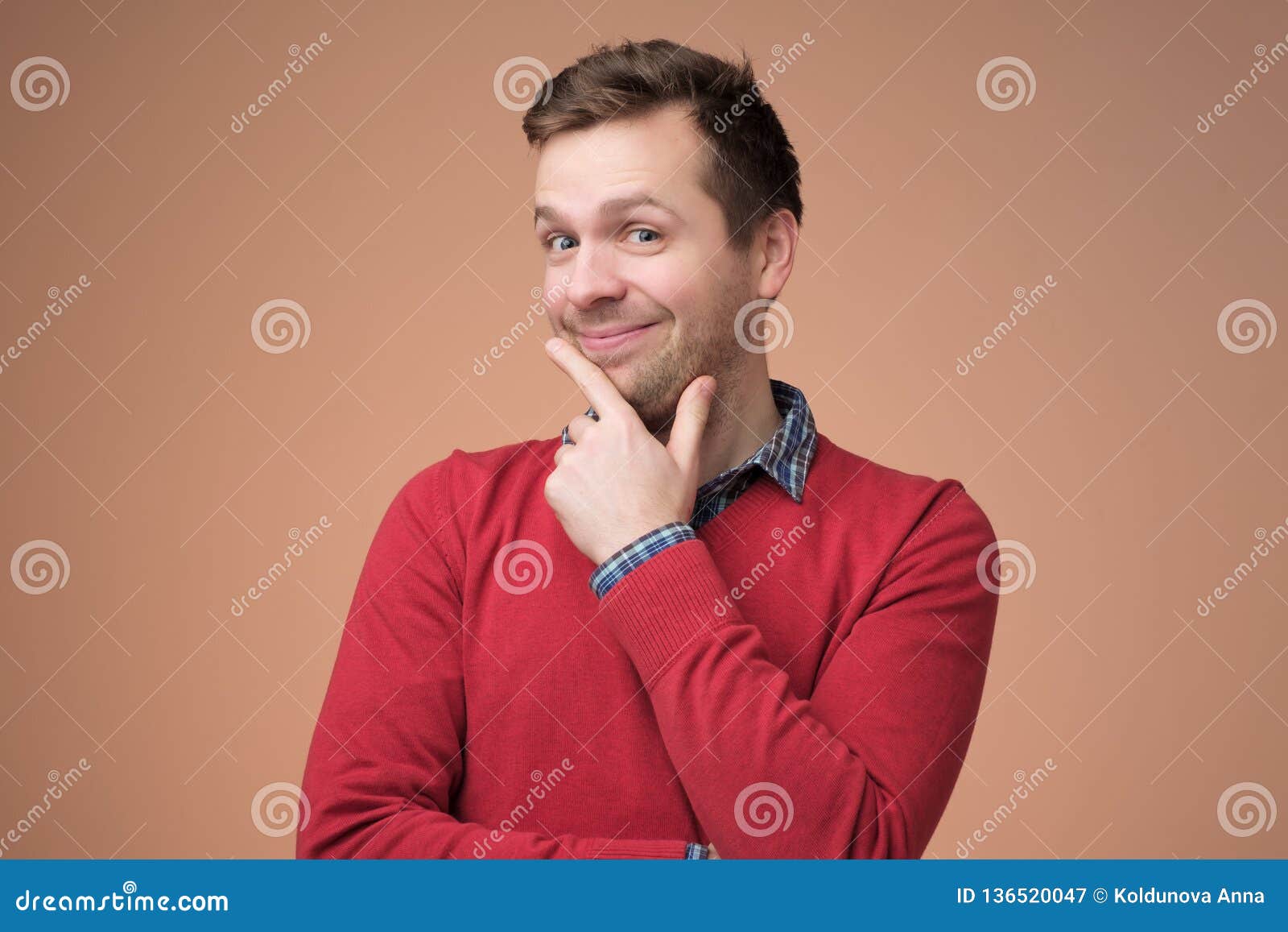 Pleased Grinning Tricky Man Having Some Intention in Mind, Smiling with ...