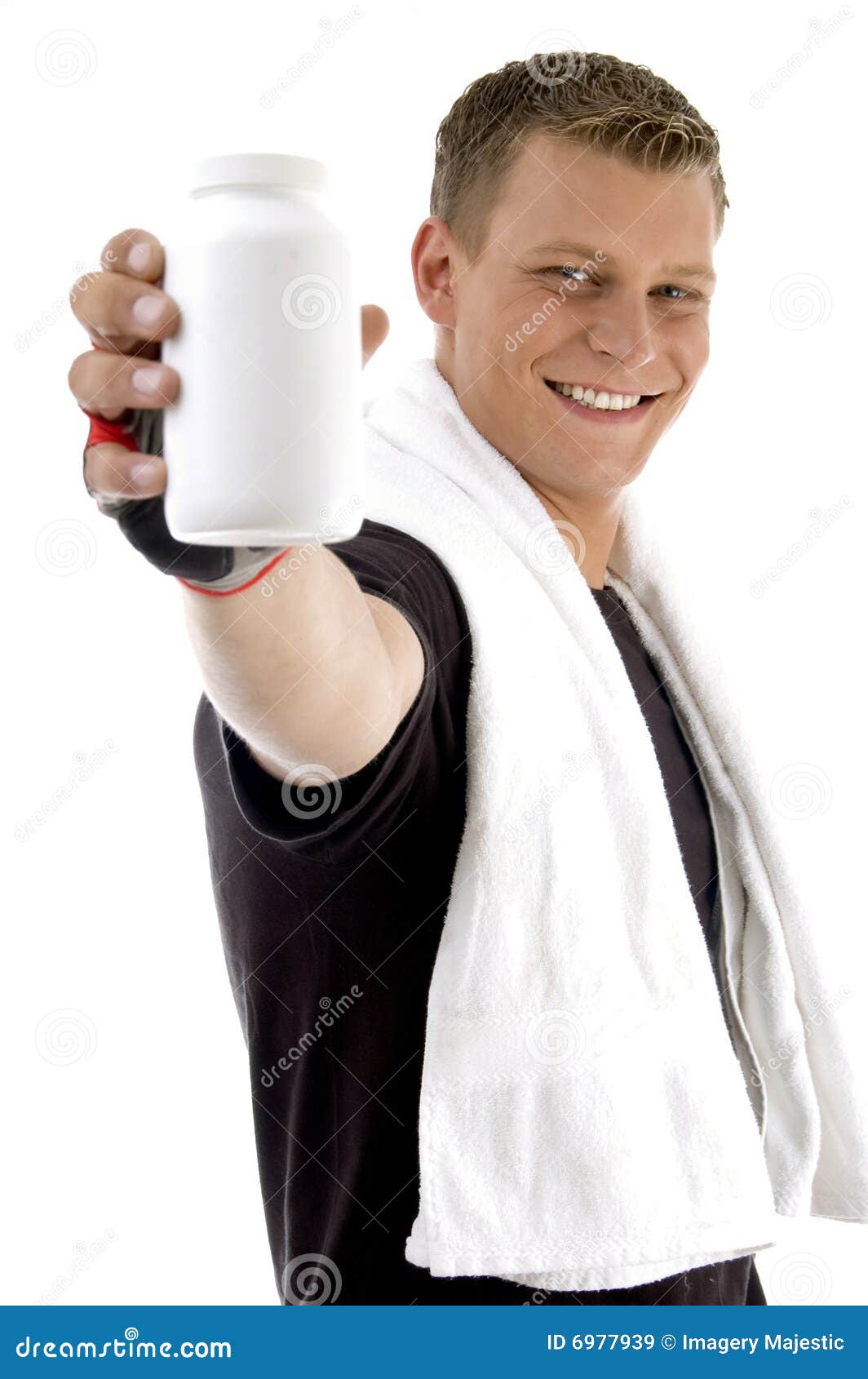 Pleased man showing bottle stock image. Image of american - 6977939