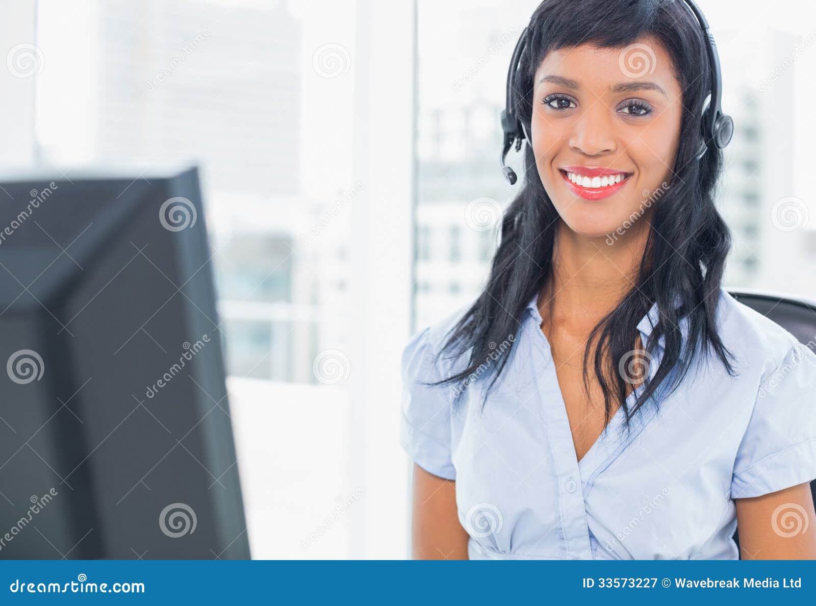 Pleased Operator Looking at Camera Stock Image - Image of office ...