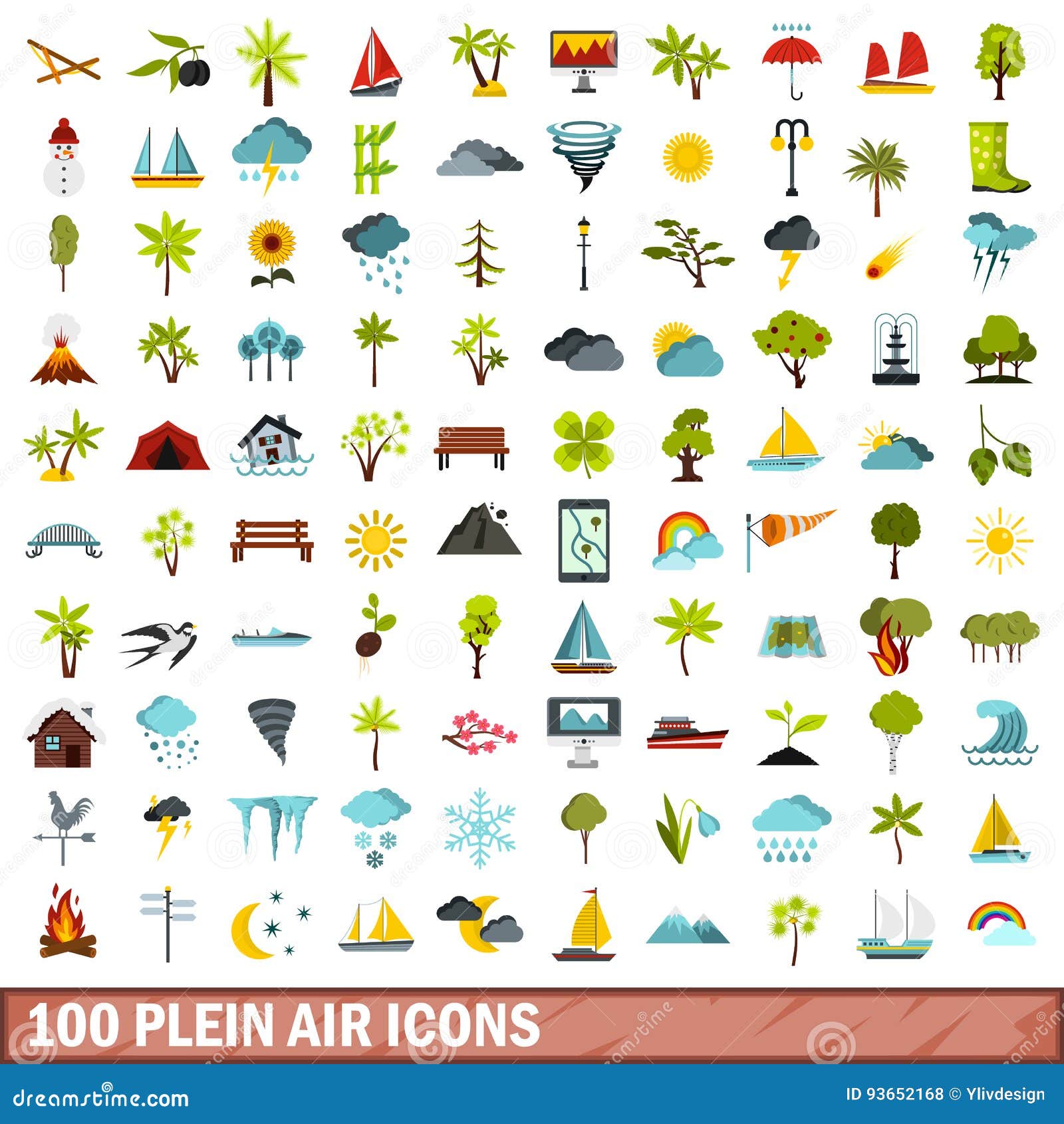 100 Plein Air Icons Set, Flat Style Stock Vector - Illustration of ...