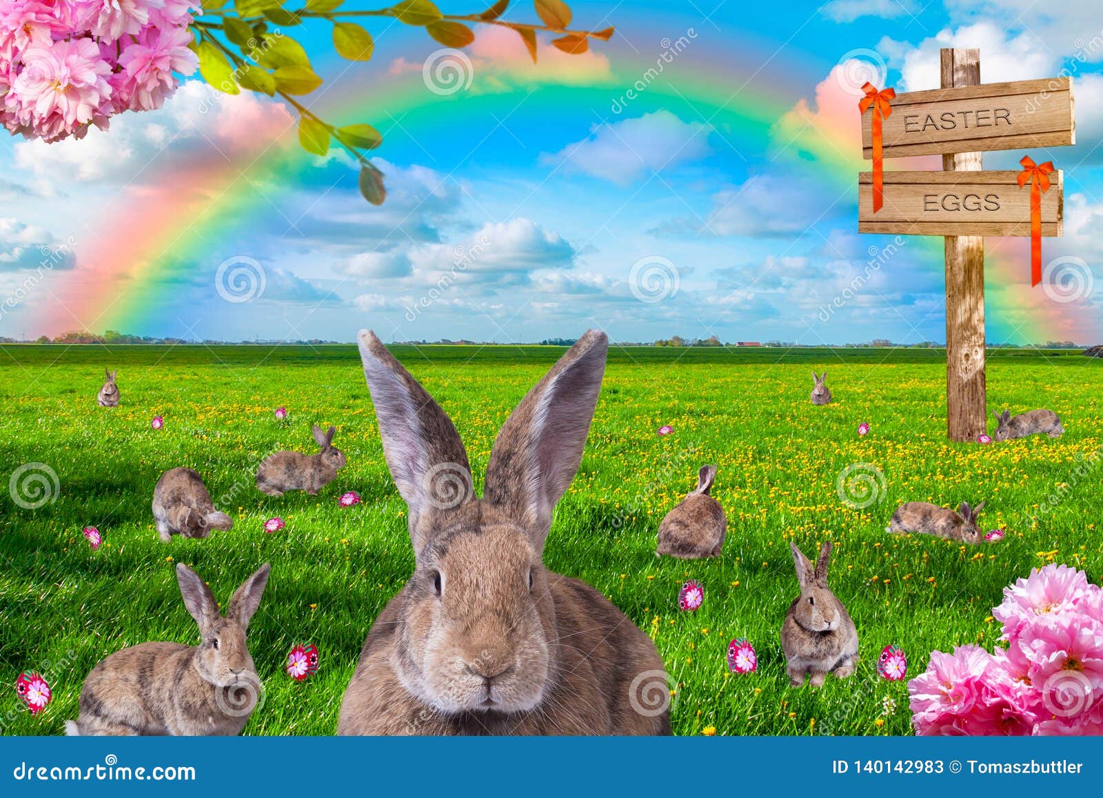 Plenty of Rabbits with Painted Easter Eggs on Green Meadow with Rainbow ...