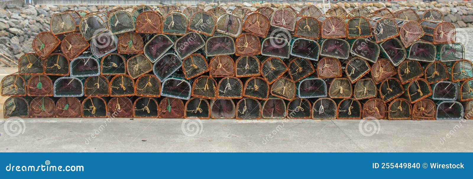 Shellfish Traps Stacked in the Harbor Stock Photo - Image of basket ...