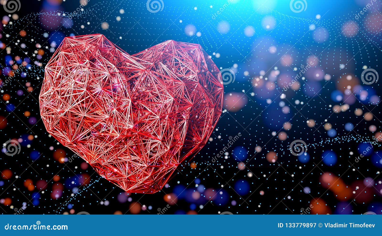 3D Red Heart of Plexus Particles on Background Plexus Polygonal ...