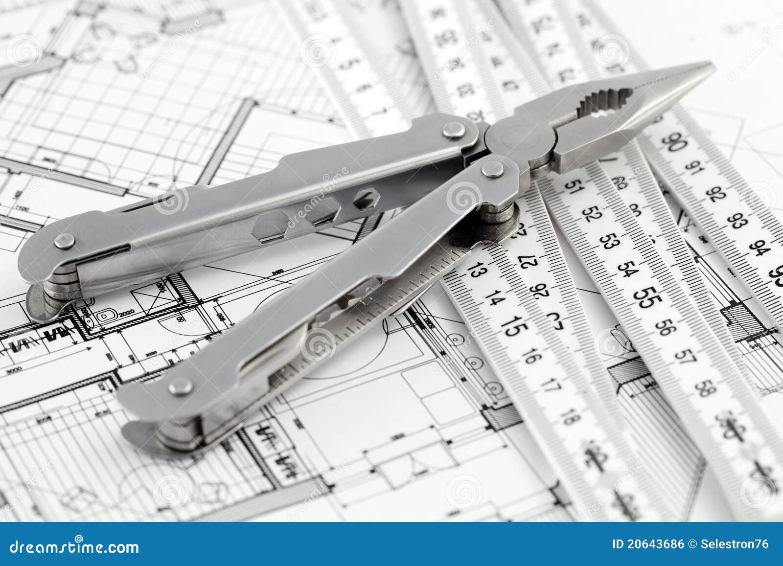 Pliers, Folding Ruler and Architectural Plan Stock Photo - Image of ...