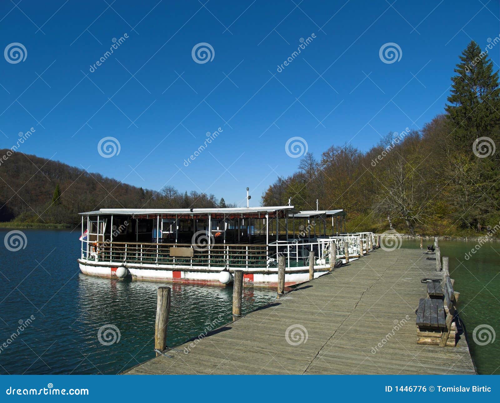 Plitvice Lakes / Embankment and Sightseeing Boat Stock Photo - Image of ...
