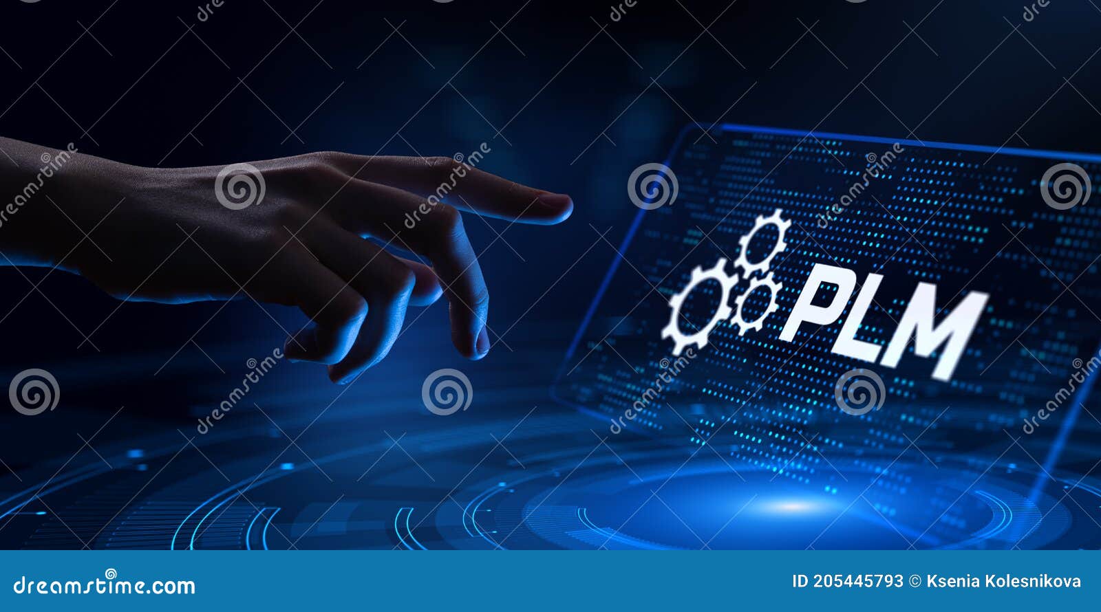 PLM Product Cycle Management Program Development Concept. Hand Pressing ...