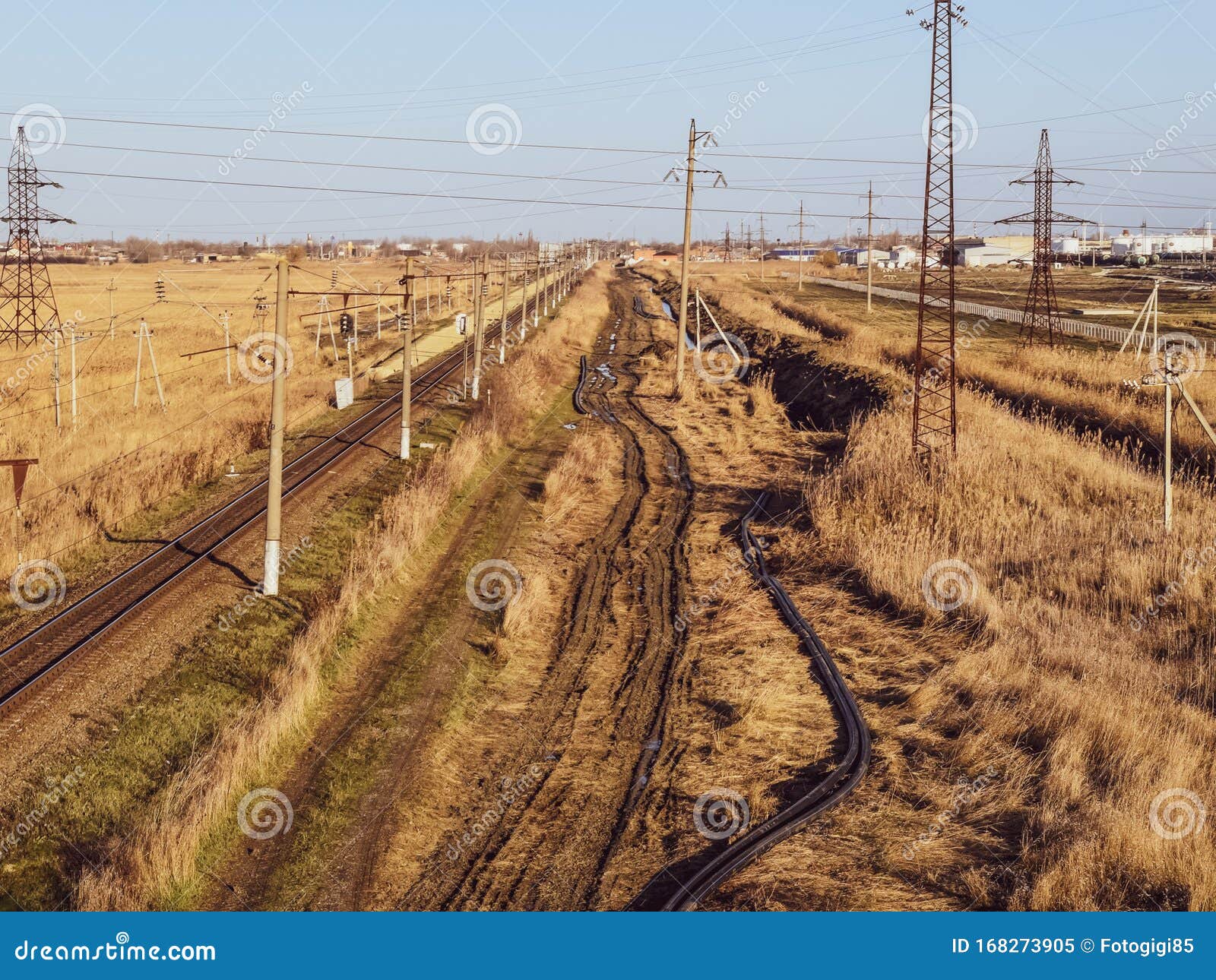 Plot Railway. Top View on the Rails. High-voltage Lines for Electric ...