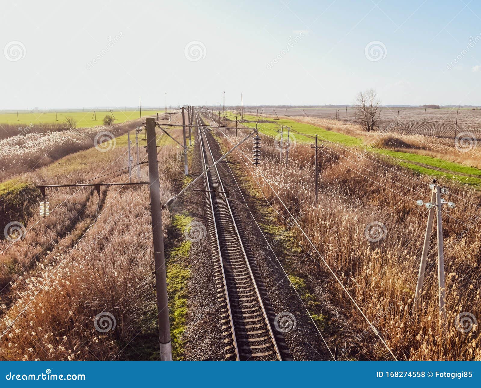 Plot Railway. Top View on the Rails. High-voltage Lines for Electric ...