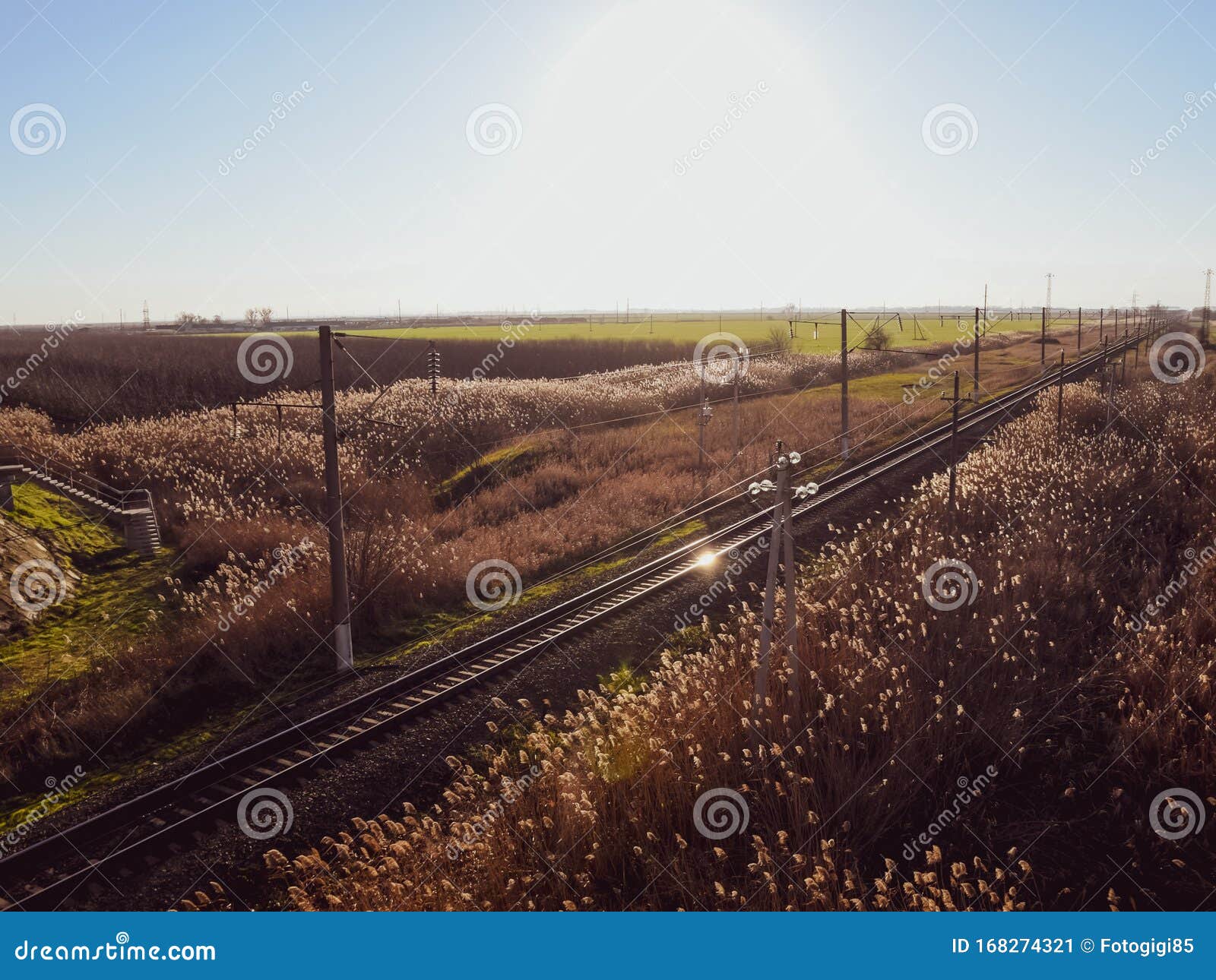 Plot Railway. Top View on the Rails. High-voltage Lines for Electric ...