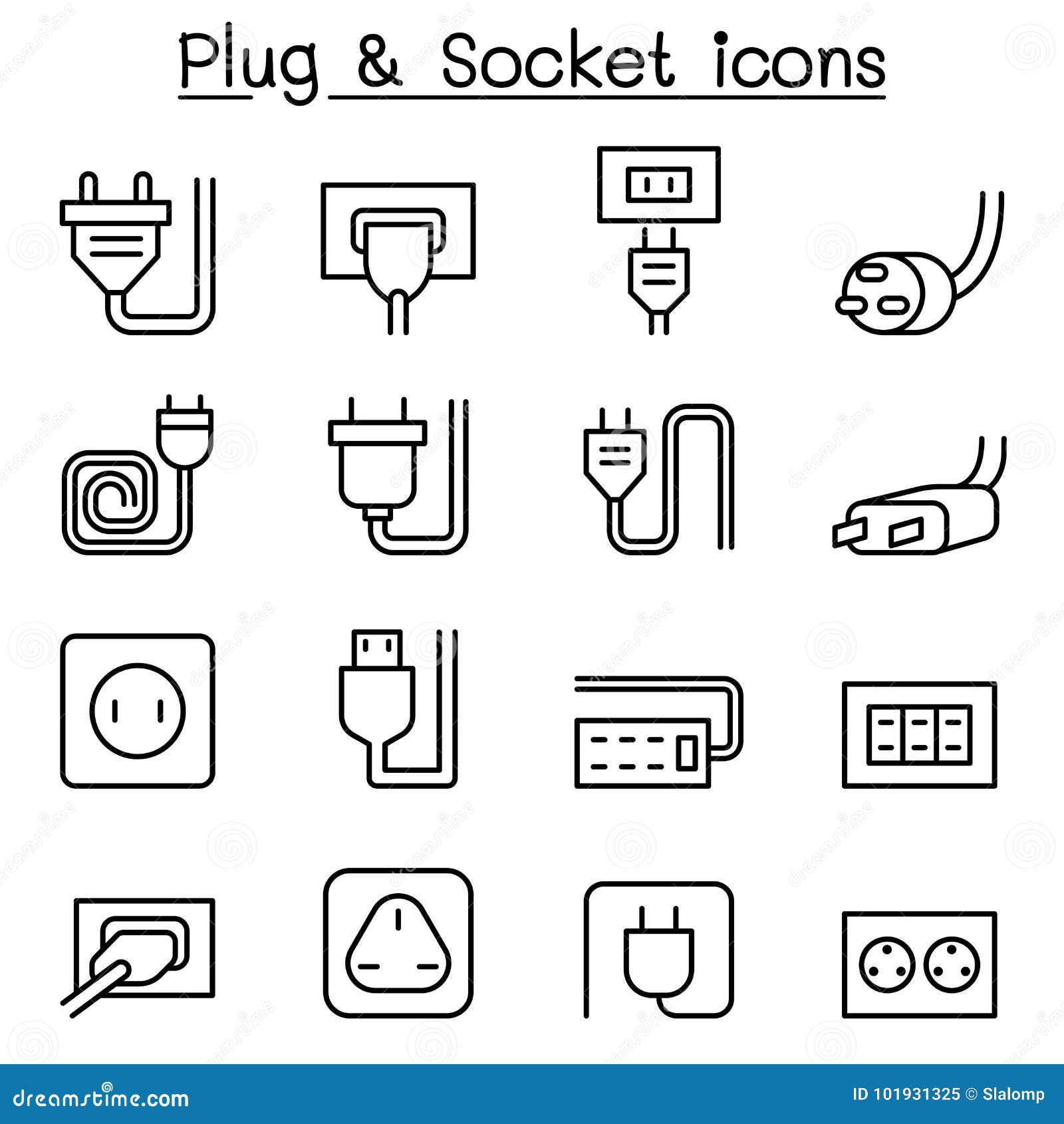 Plug & Socket Icon Set in Thin Line Style Stock Vector - Illustration ...