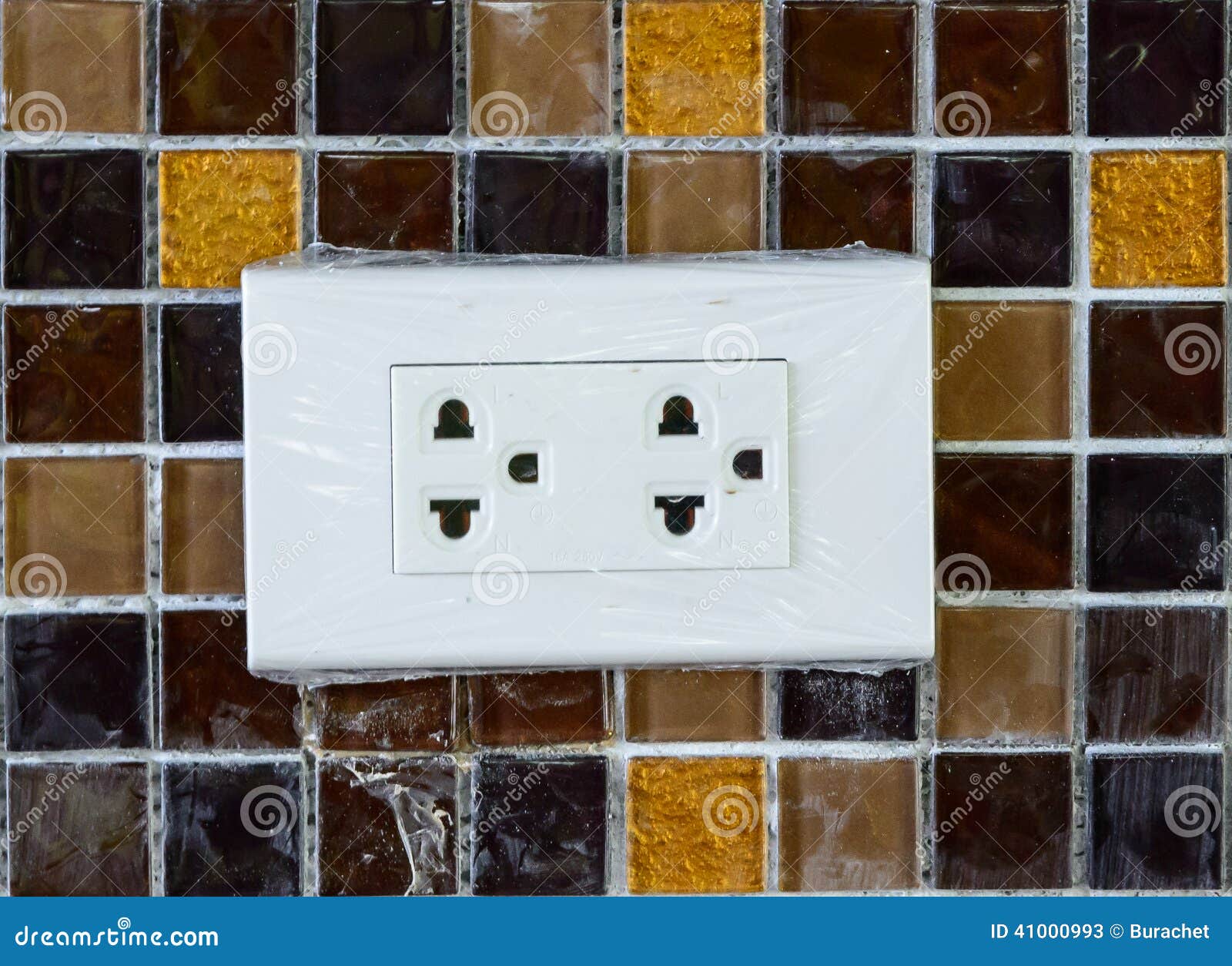 Plug socket on mosaic wall stock image. Image of plug - 41000993