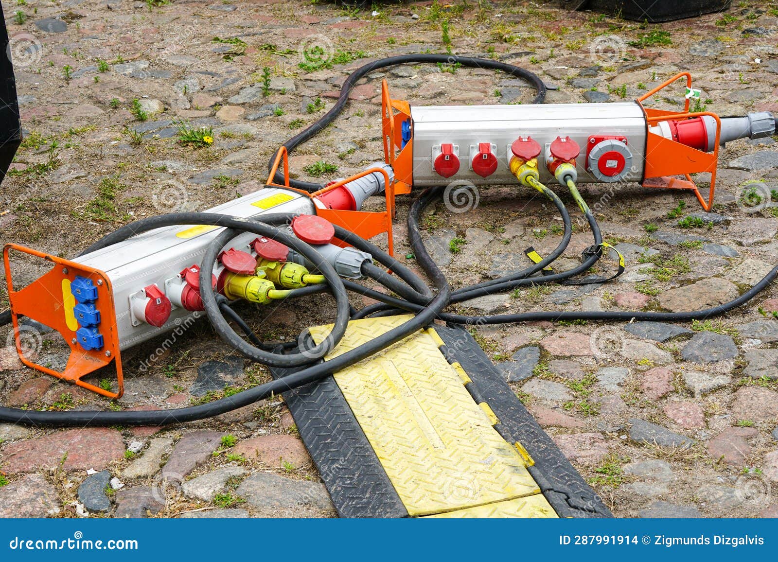 Plugged Sockets on Stone Pavement, Outdoor Event Temporary Mobile Power ...