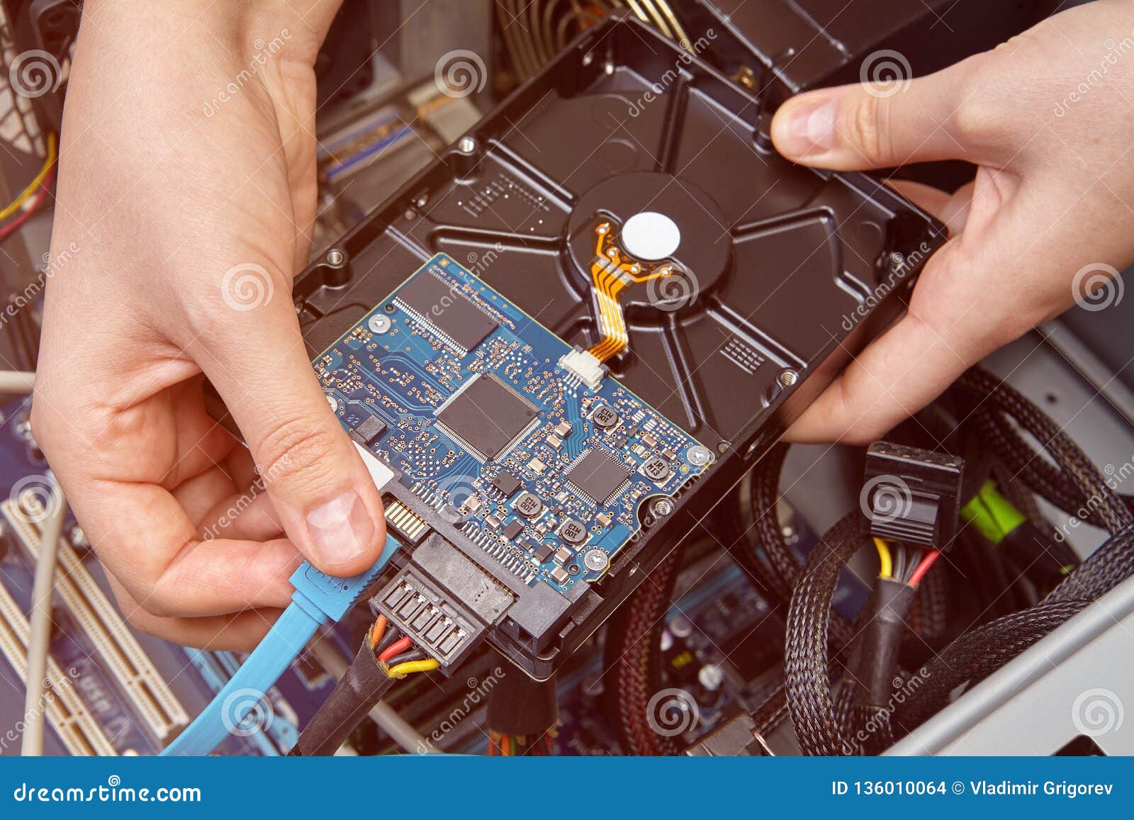 Plugging in Data Cable into SATA Conectors Stock Photo - Image of board ...