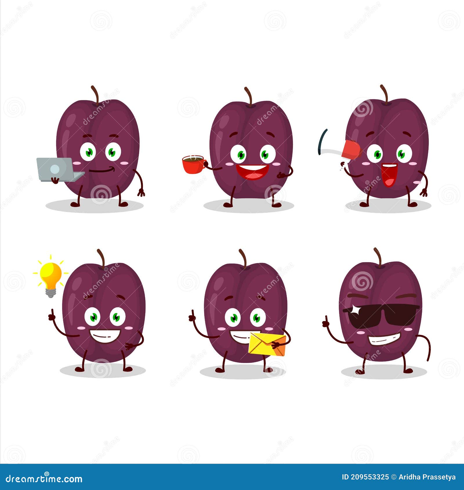 Plum Cartoon Character with Various Types of Business Emoticons Stock ...