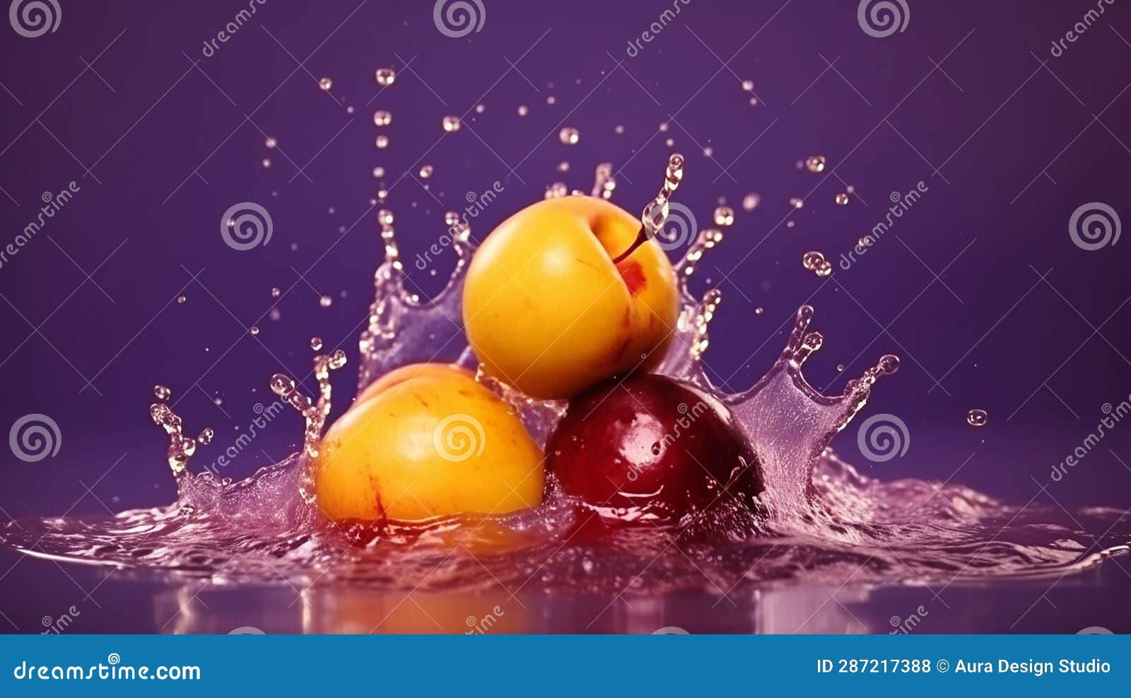 Plum Dropped on the Yellow Water Surface with Plum Slice and Water ...