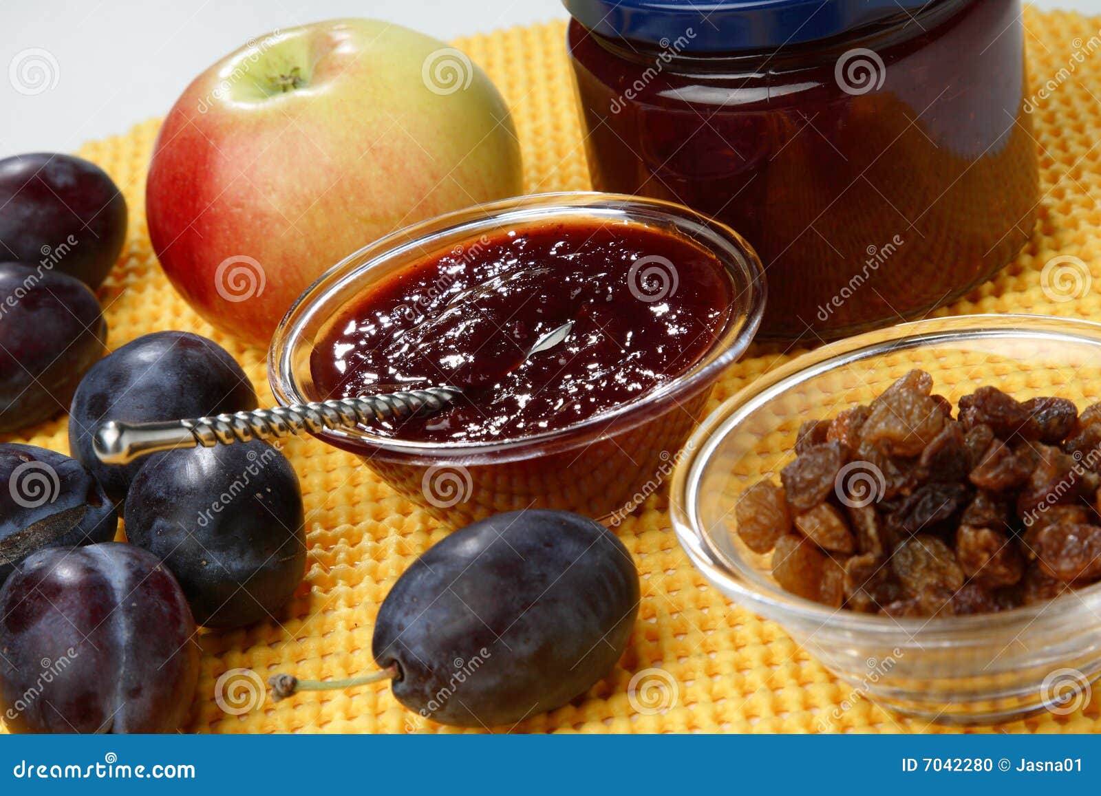 Plum Jam and Raisins in Glass Bowl Stock Photo - Image of risins, bowl ...