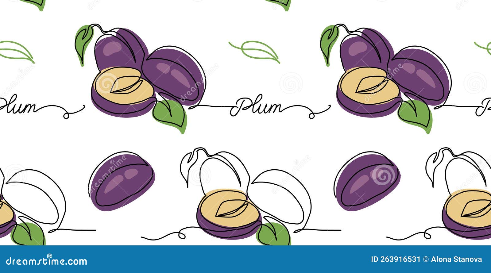 Plum Vector Pattern. One Continuous Line Art Drawing of Plum Pattern ...