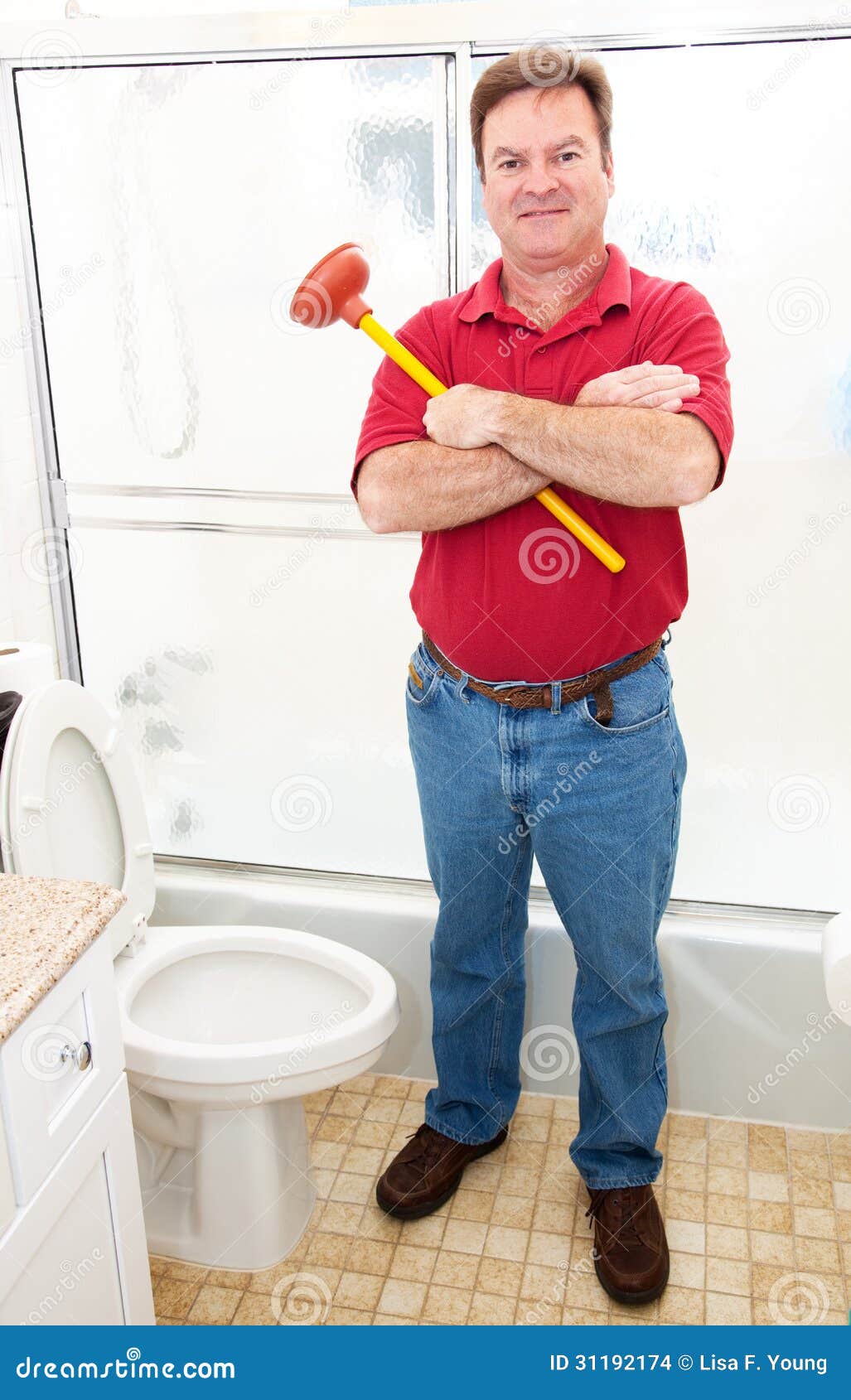 Plumber in Bathroom stock photo. Image of repairing, flush - 31192174
