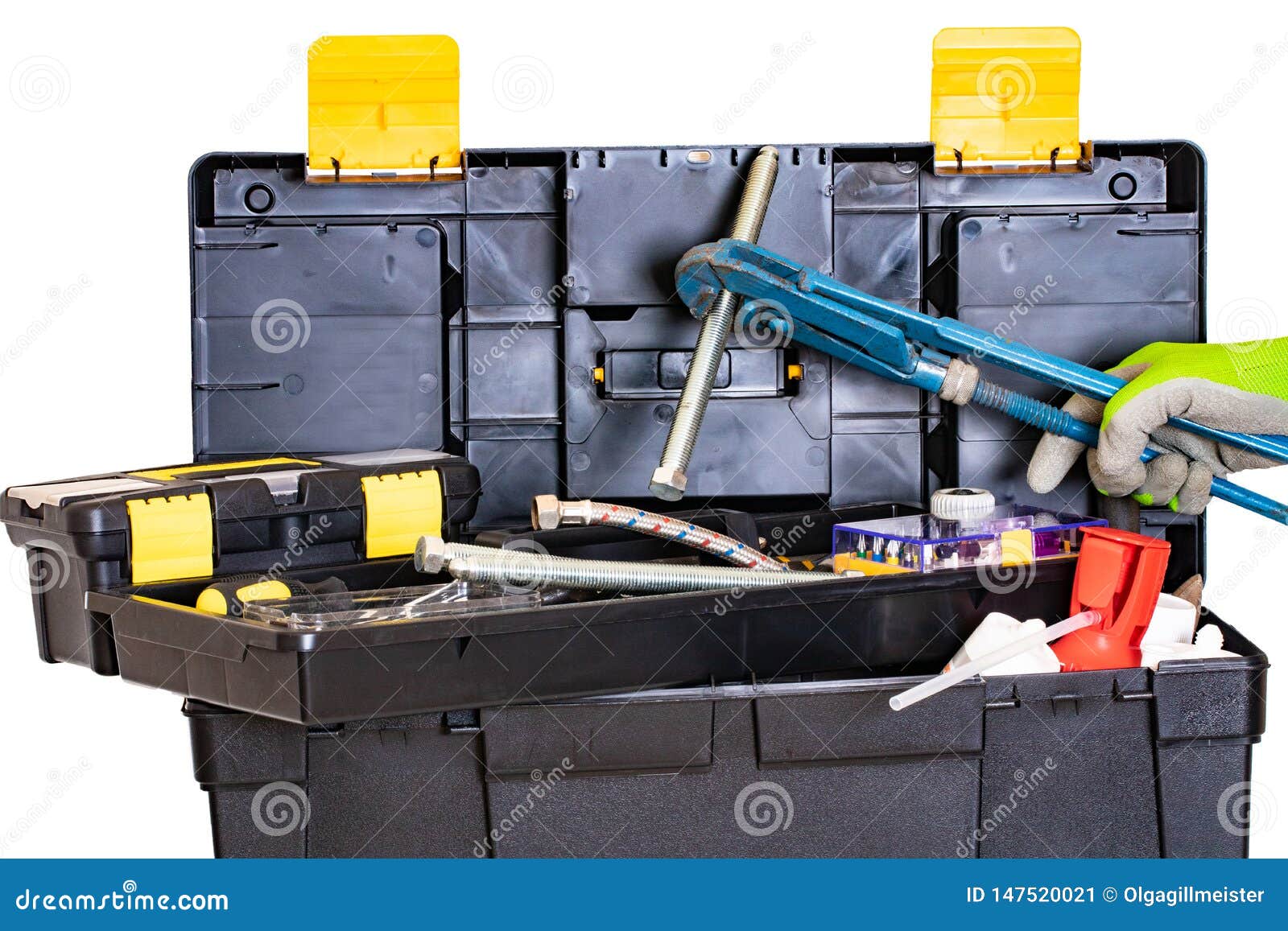 Plumber or Carpenter Tool Box . Black Plastic Tool Kit Box with ...
