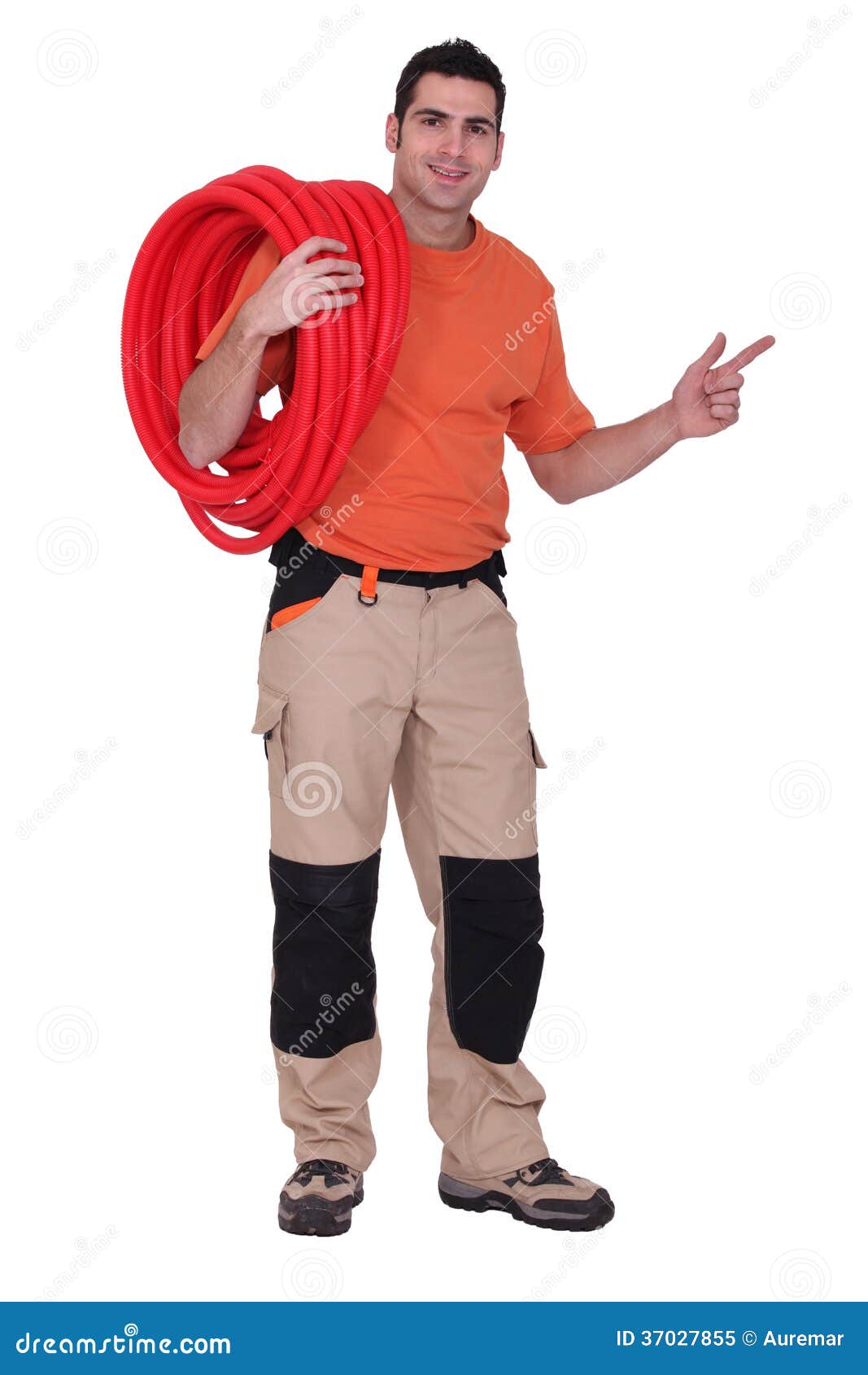 Plumber with coiled pipe stock image. Image of construction - 37027855