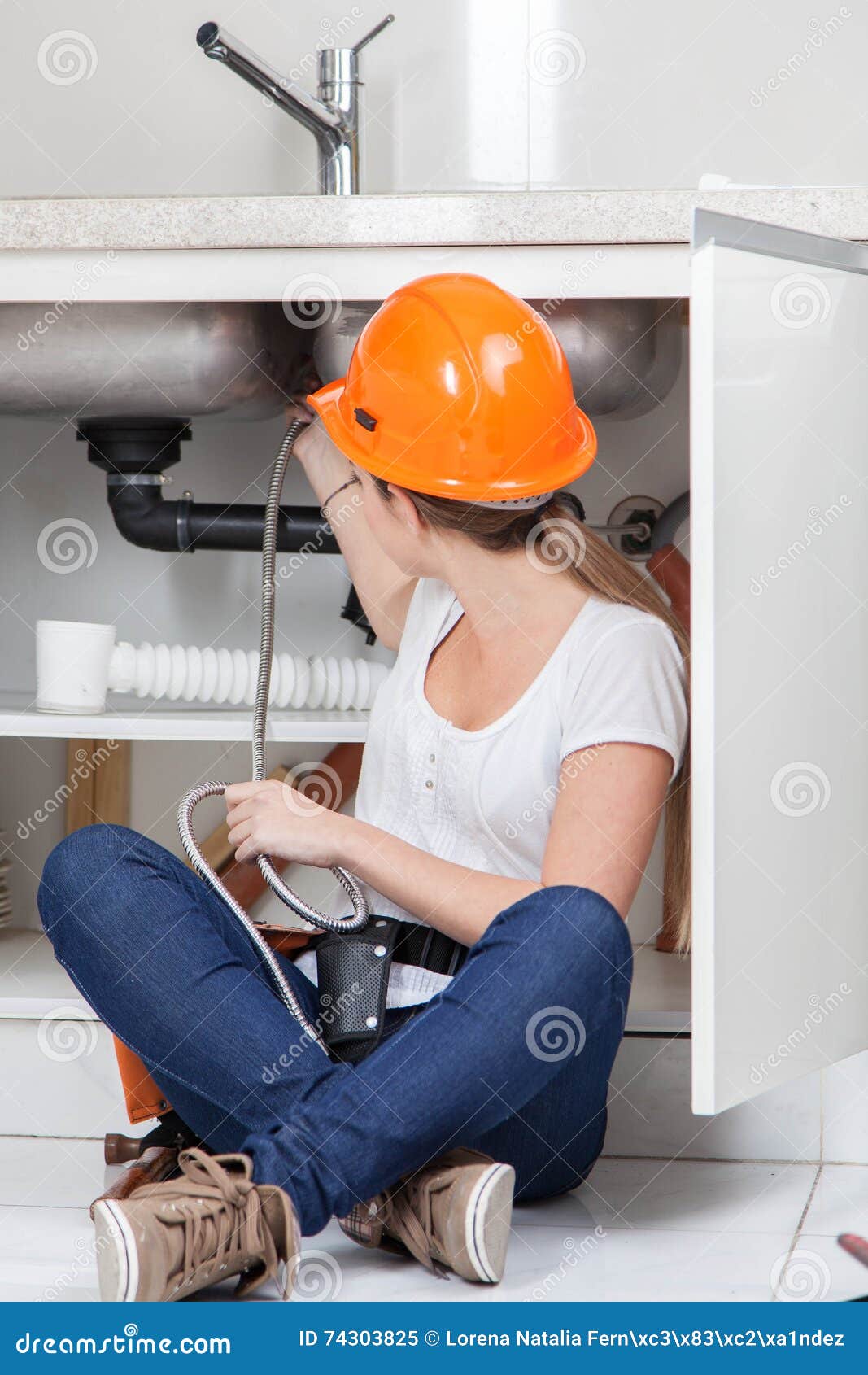 Plumber fixing the pipe stock image. Image of sink, skill - 74303825
