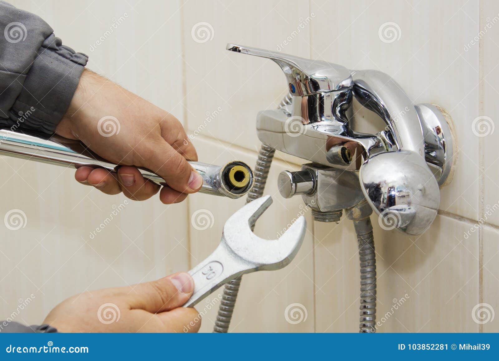 Plumber Hands Fixing Water Tap with Spanner Stock Image - Image of ...