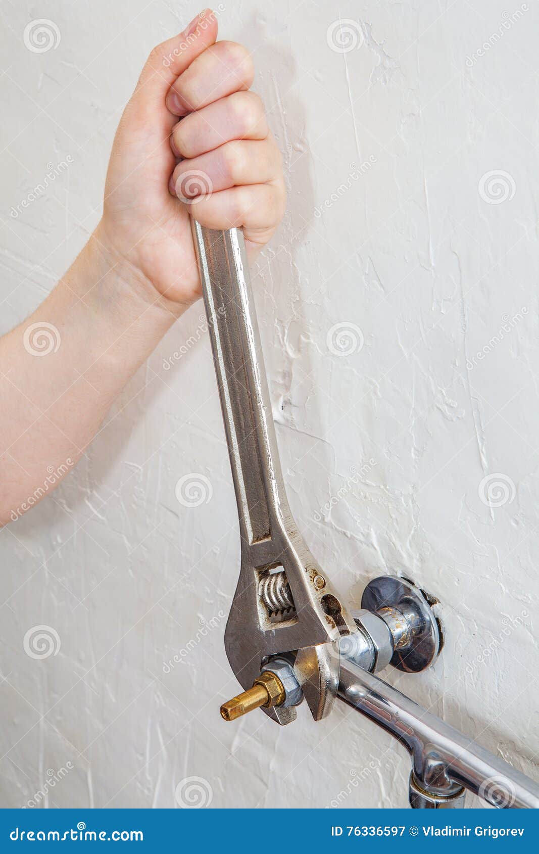 Plumber Hands Fixing Water Valve Tap Using Plumbers Adjustable W Stock ...