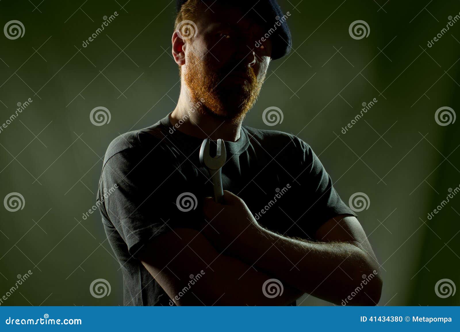 Plumber in Hat with Red Beard in Darkness Stock Photo - Image of ...