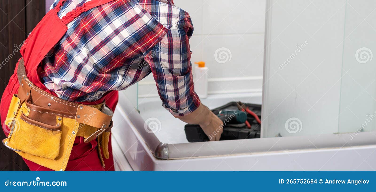 Plumber Installing a Shower Cabin in Bathroom Stock Photo - Image of ...