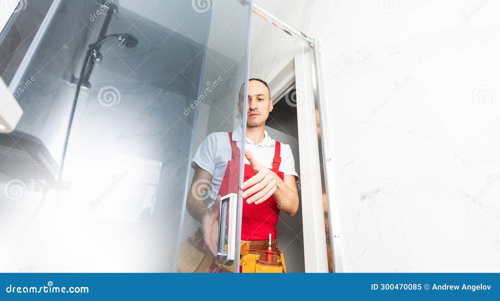 Plumber Installing a Shower Cabin in Bathroom Stock Image - Image of ...