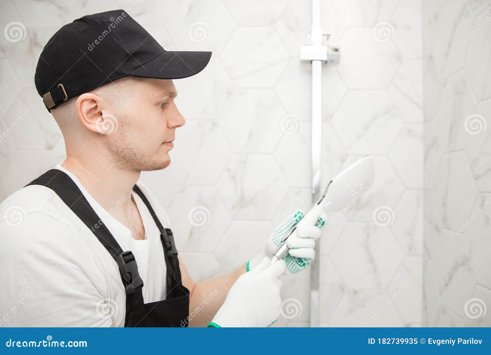 Plumber Installing Shower Stall, Work in Bathroom Stock Image - Image ...