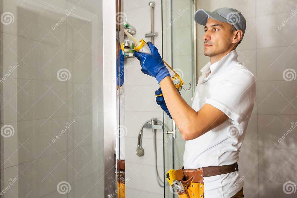 Plumber Installing Shower Stall, Work in Bathroom. Stock Image - Image ...