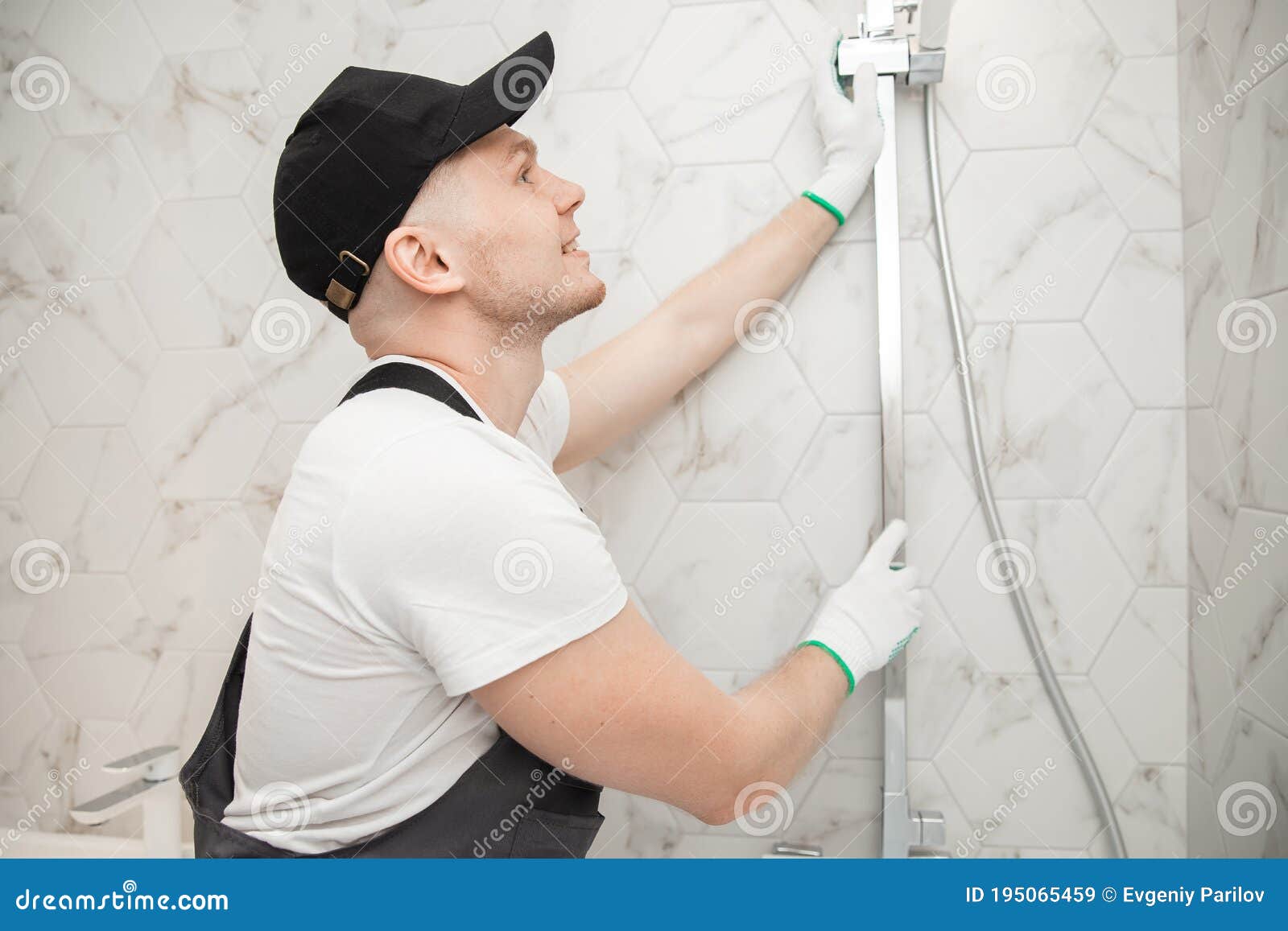 Plumber Installing Shower Stall, Work in Bathroom Stock Image - Image ...