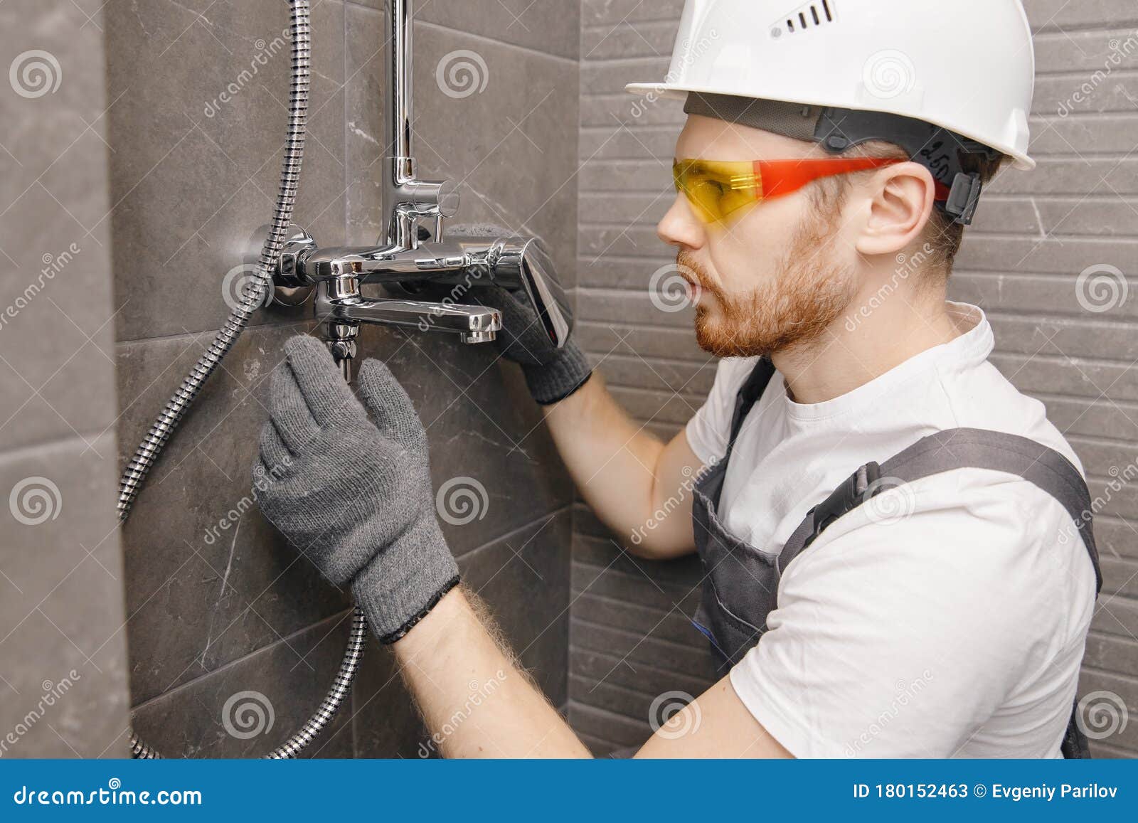 Plumber Installing Water Taps Shower Stall, Work in Bathroom Stock ...