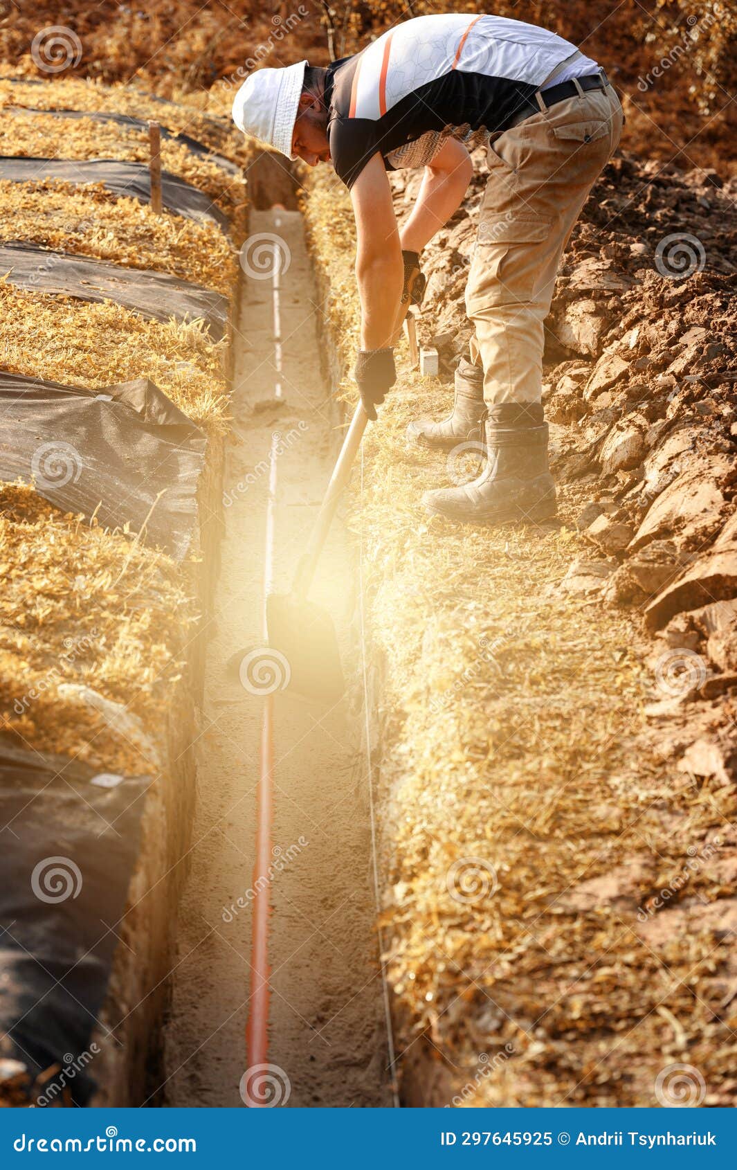 Plumber Installs a Reinforced Orange Sewer Pipe during Site Maintenance ...