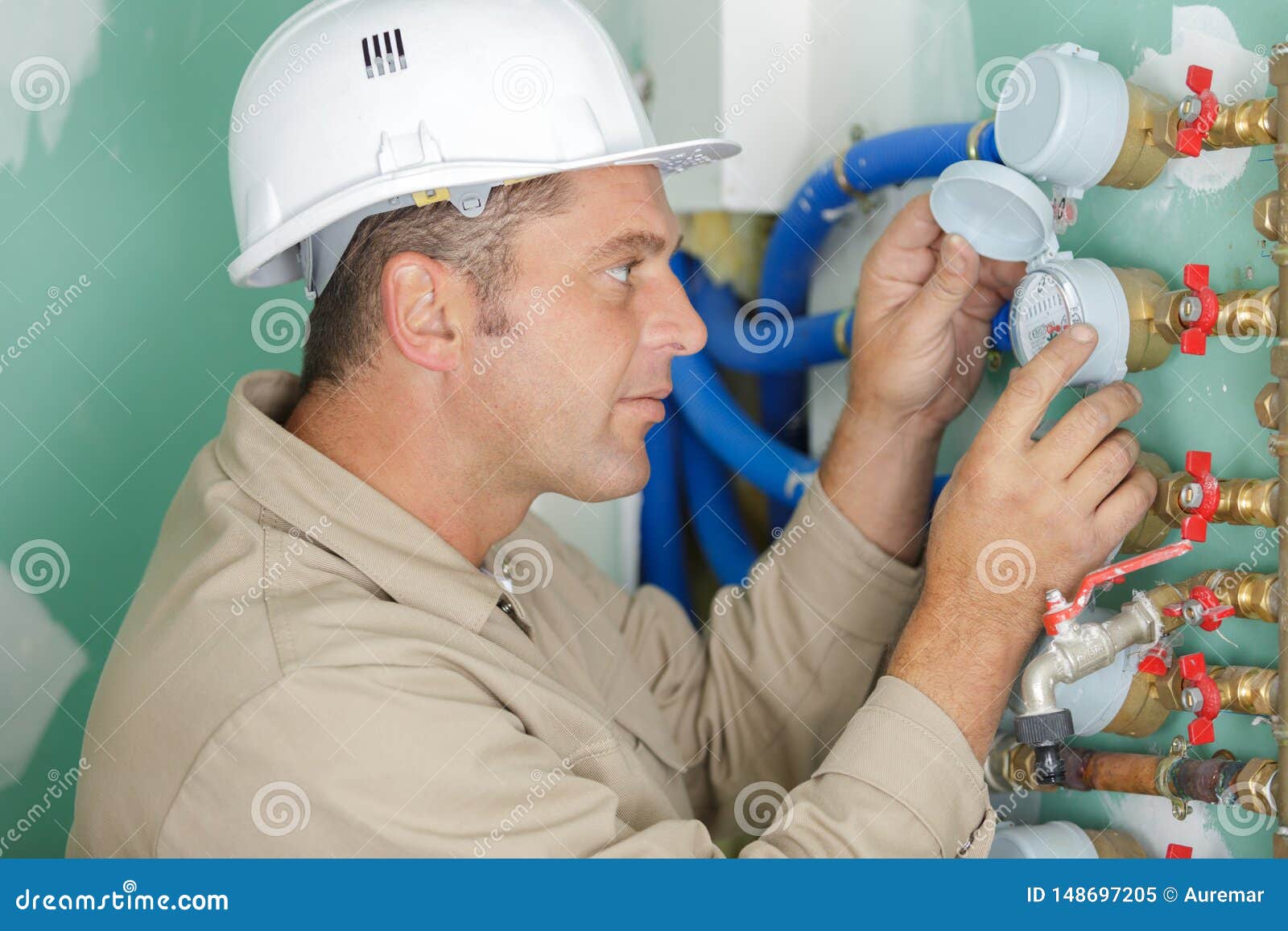 Plumber Man Repair Water Meter Stock Image - Image of laborer, industry ...