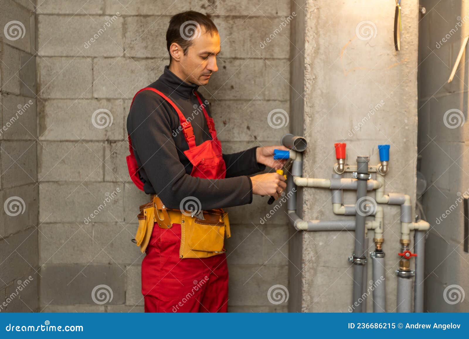 Plumber Man with Tools. Plumbing and Renovation. Stock Image - Image of ...