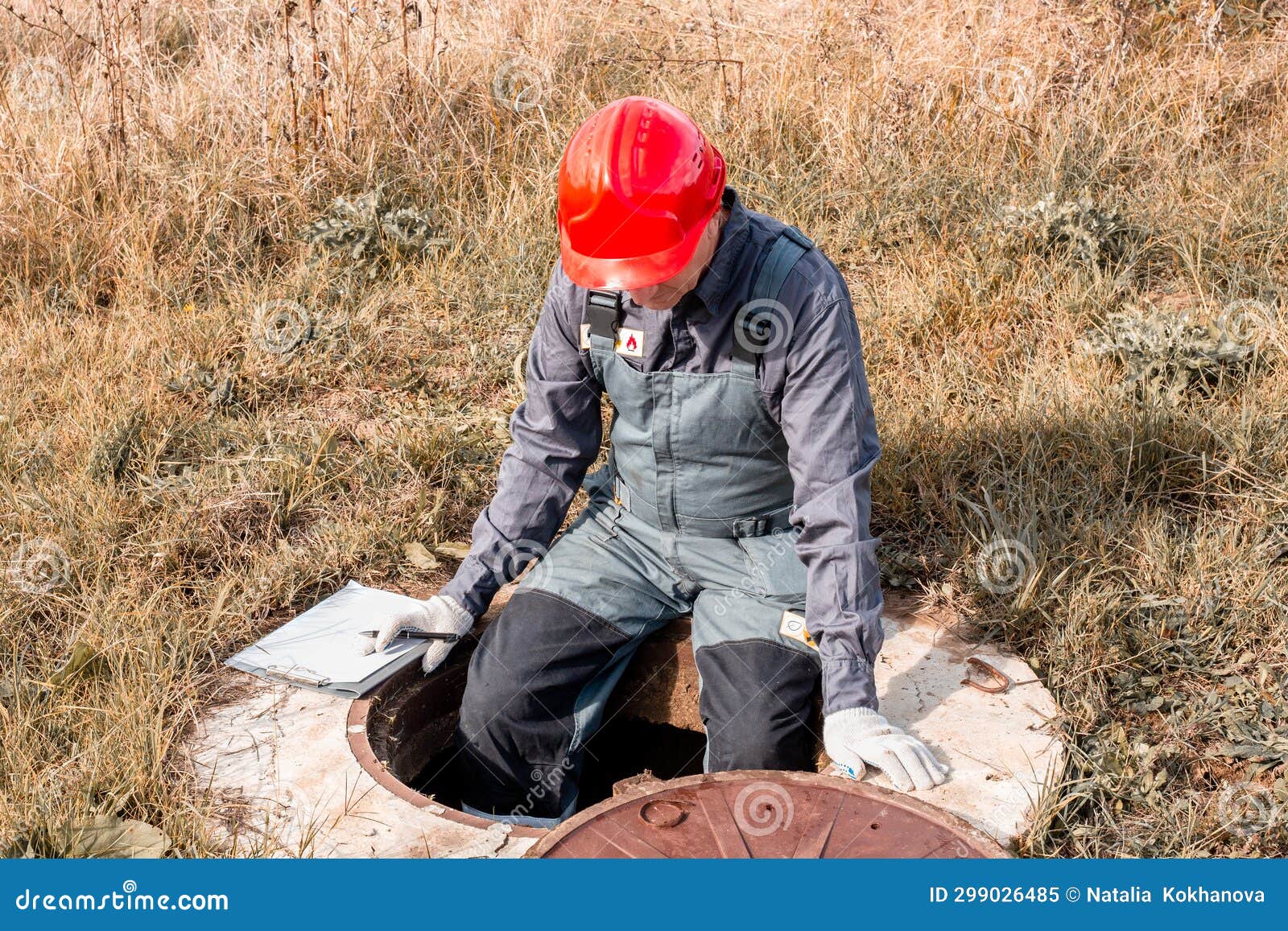 A Plumber in Overalls and a Helmet Sits on the Side of a Well Hatch ...