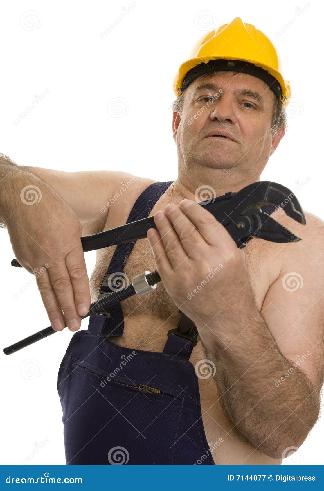 Plumber with Pipe Wrench and Safety Helmet Stock Image - Image of ...