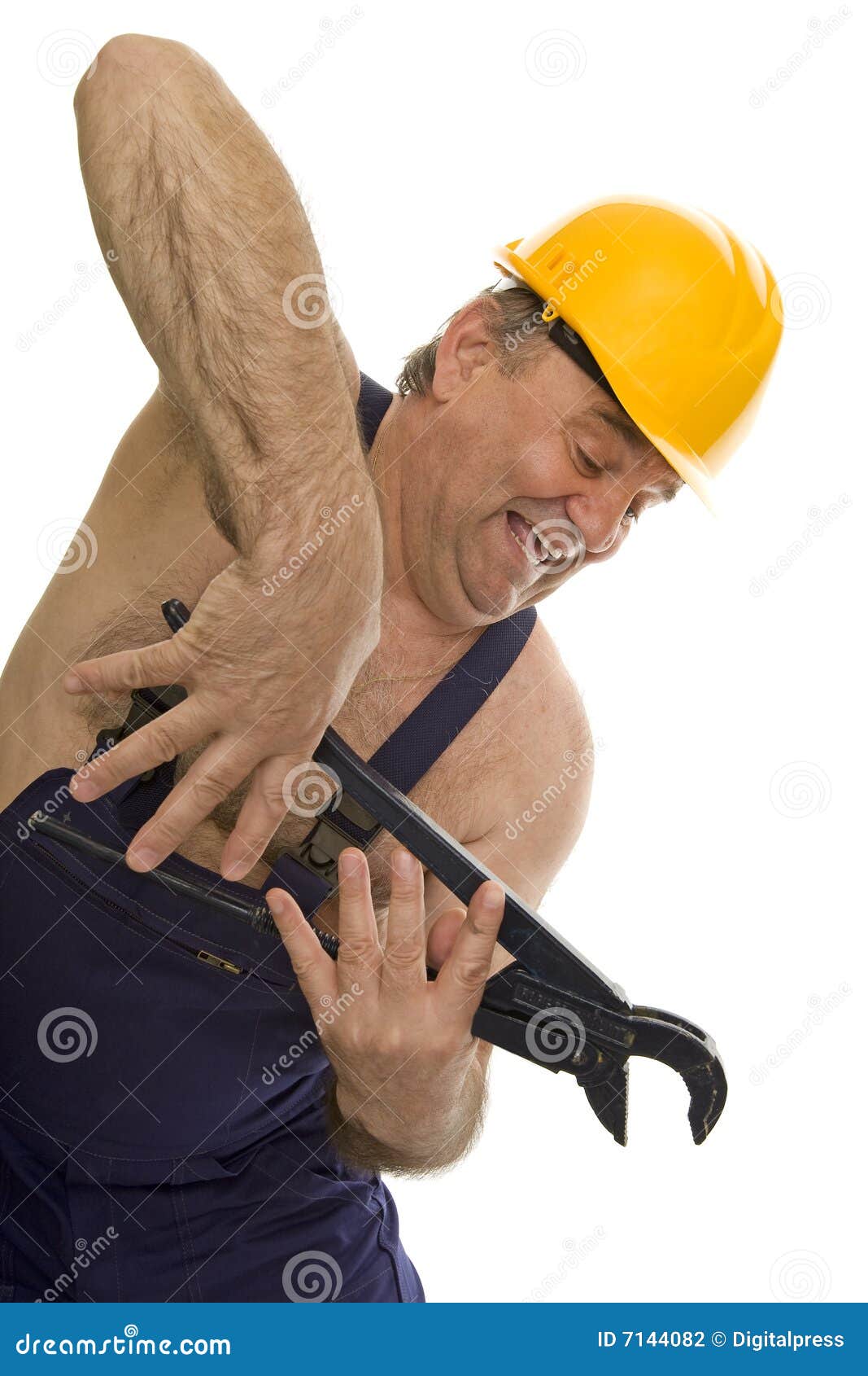 Plumber with Pipe Wrench and Safety Helmet Stock Photo - Image of ...