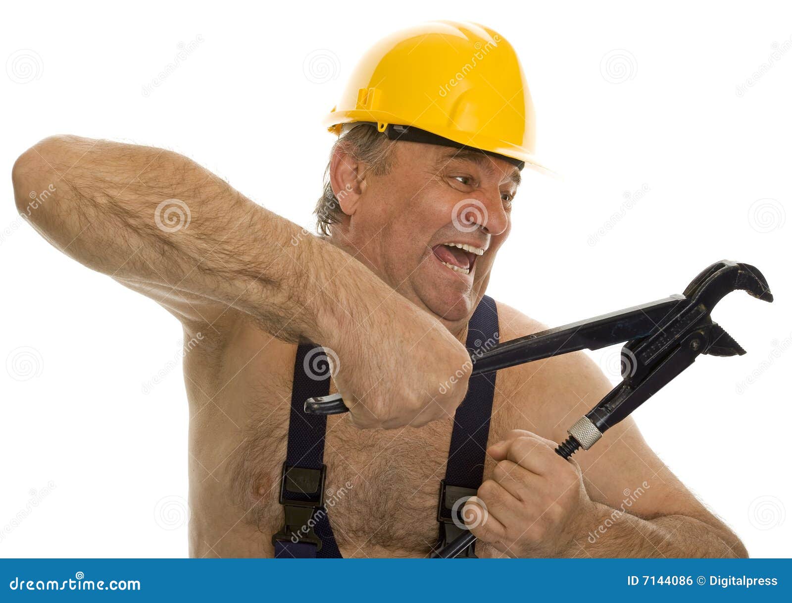 Plumber with Pipe Wrench and Safety Helmet Stock Photo - Image of ...