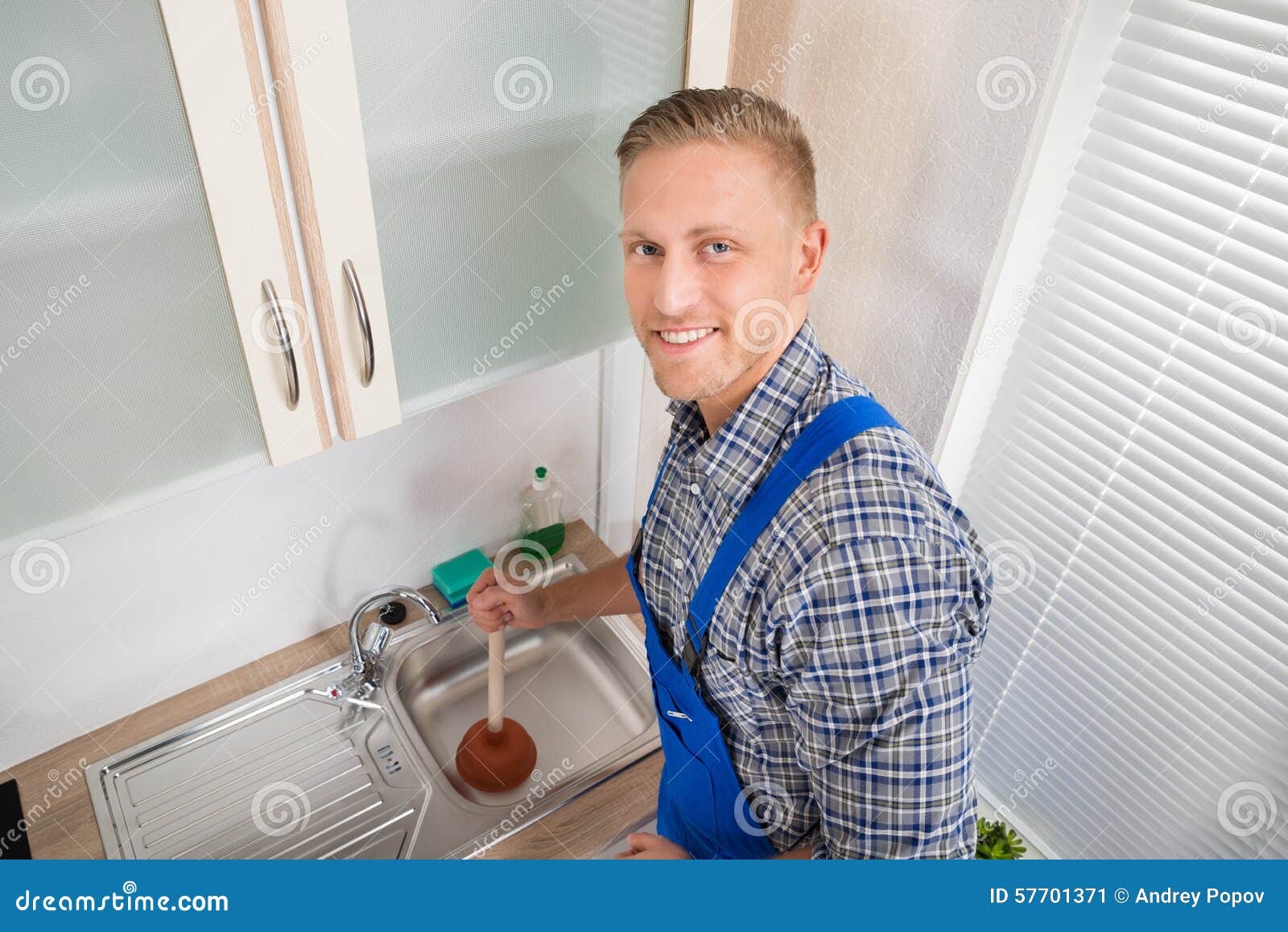Plumber with Plunger in Kitchen Stock Image - Image of service ...
