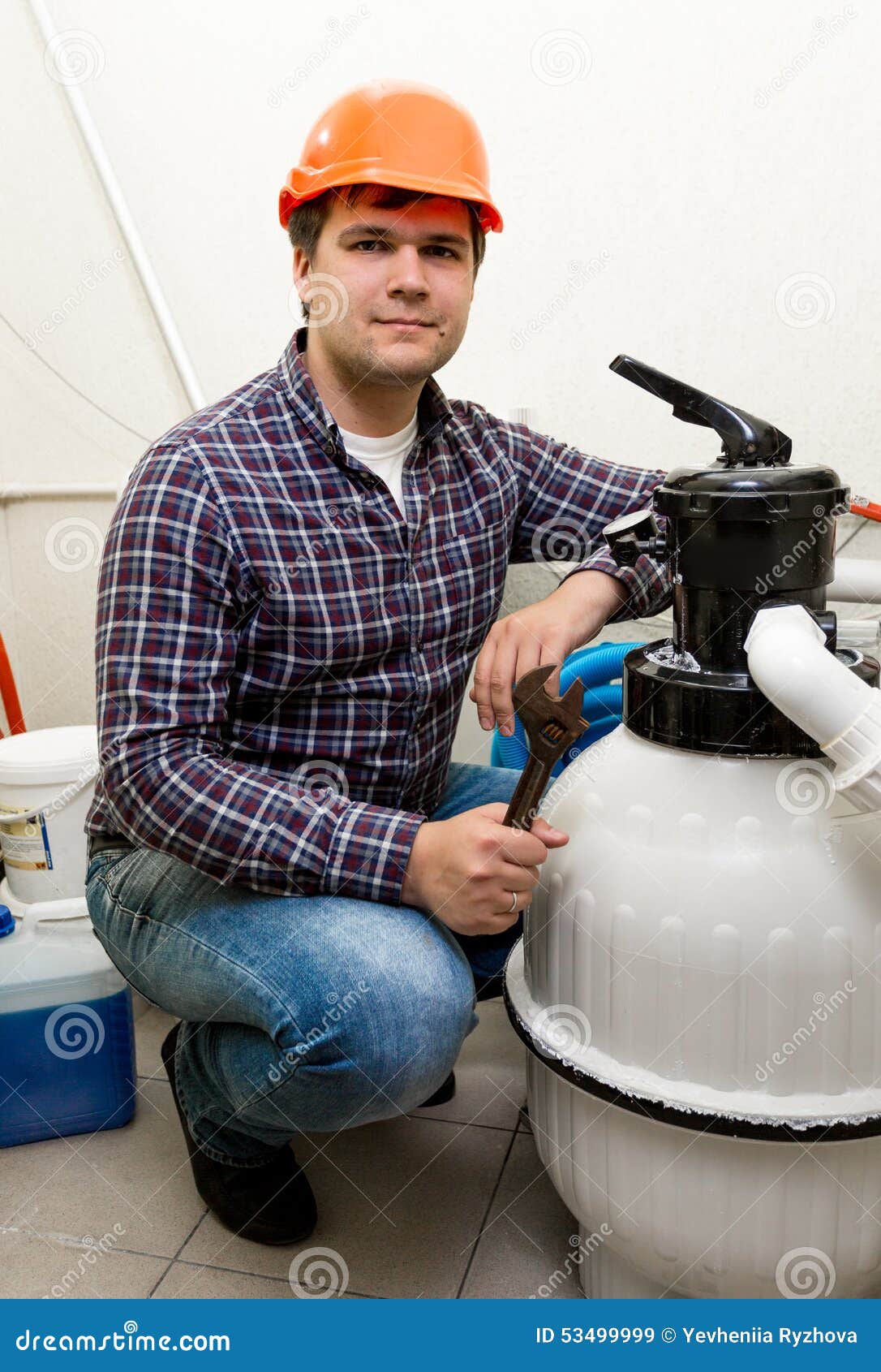 Plumber Posing at New Pumping System with Tools Stock Image - Image of ...