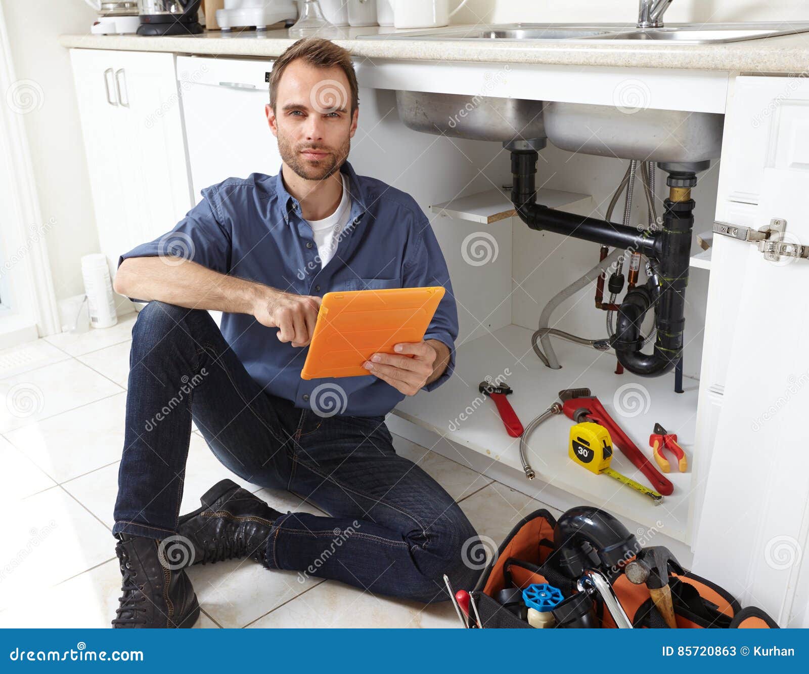 Plumber. stock image. Image of pipe, male, handsome, plumber - 85720863
