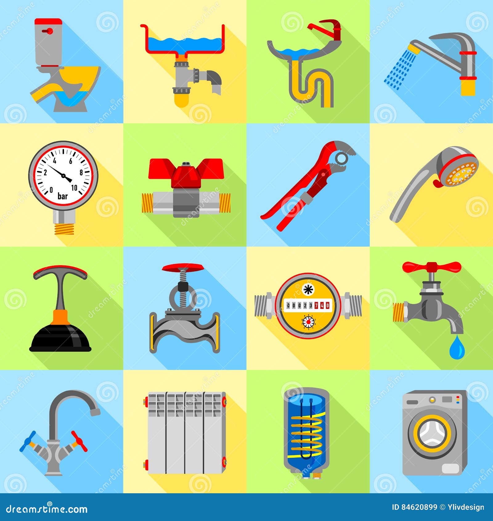 Plumber Symbols Icons Set, Flat Style Stock Vector - Illustration of ...