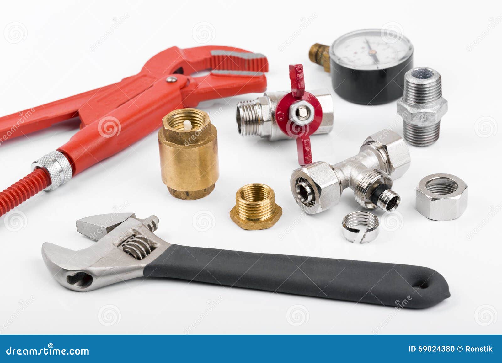 Plumber Tools and Accessories on White Stock Photo - Image of wrench ...