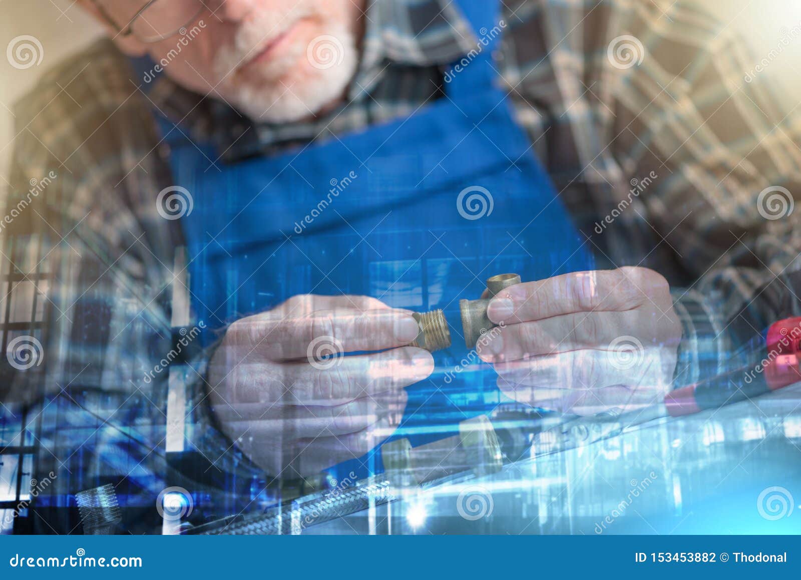 Plumber Using Plumbing Fittings, Light Effect; Multiple Exposure Stock ...