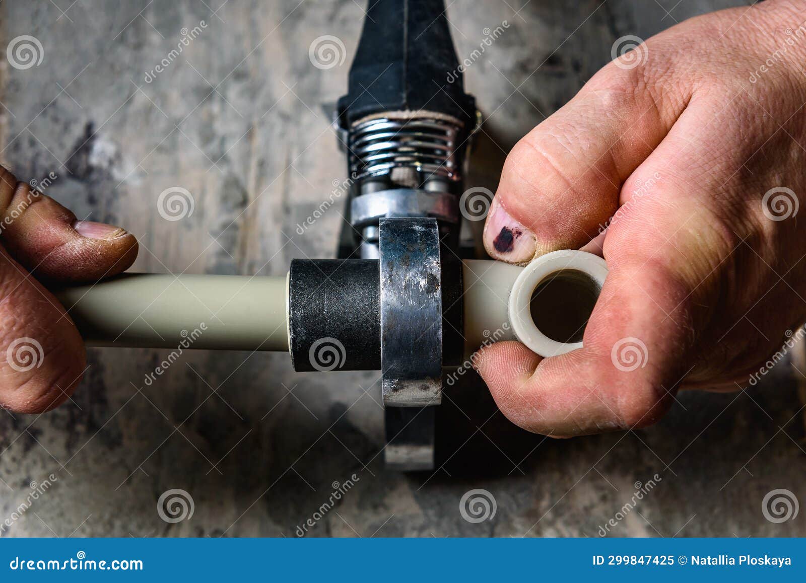 Plumber Welding Plastic Pipes Using Welder Machine. Stock Image - Image ...